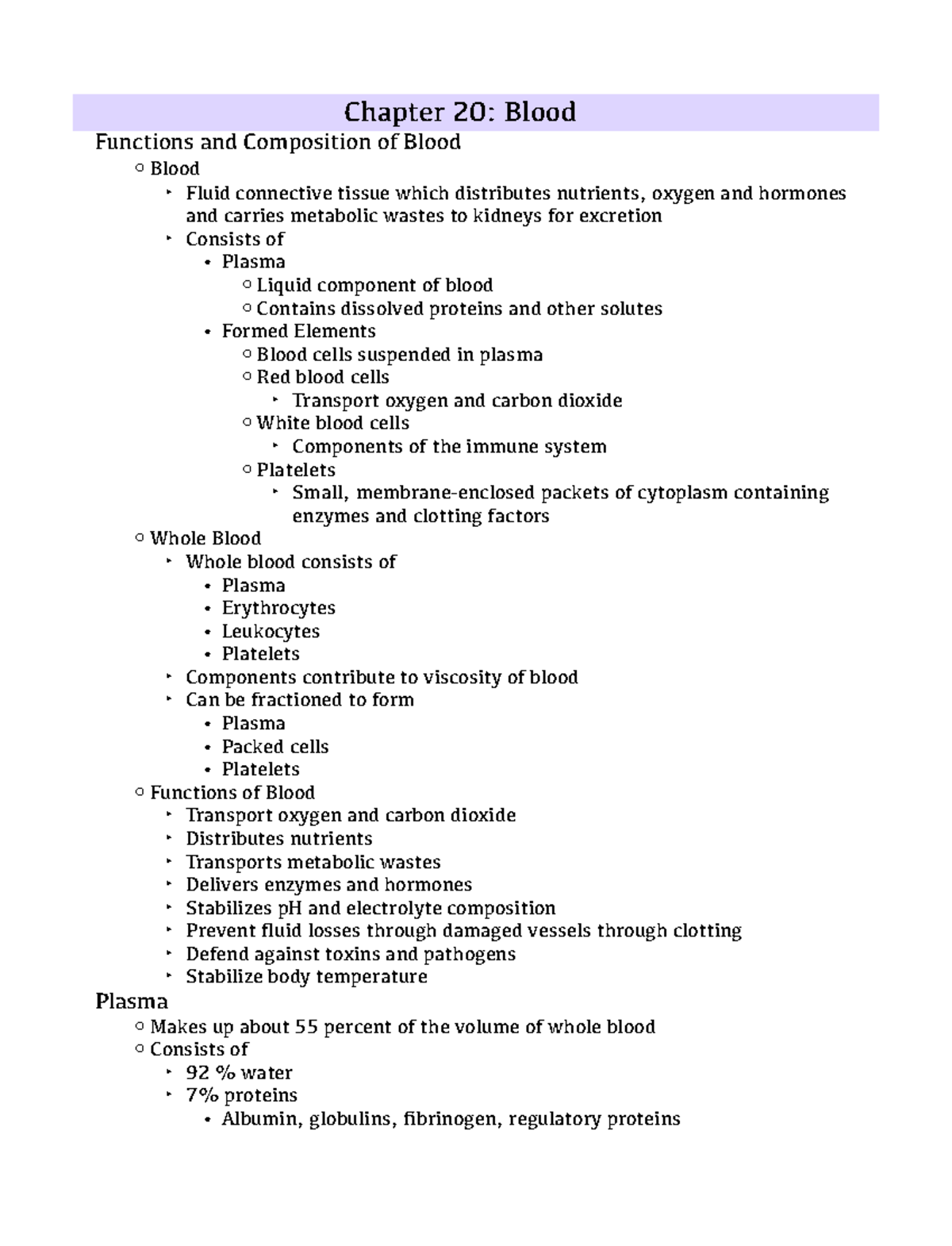 Chapter 20 Notes - Chapter 20: Blood Functions and Composition of Blood ...