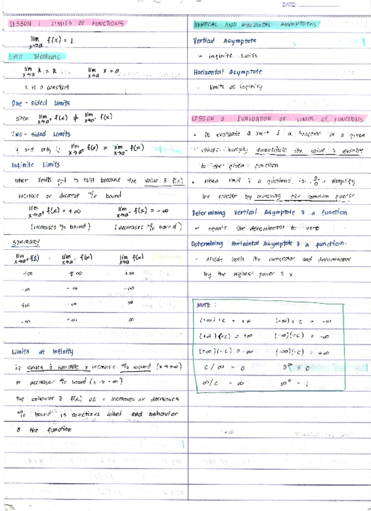 MATH146-0-CO1 - Notes - DATE: LESSON I LIMITS OF FUNCTIONS VERTICAL AND ...