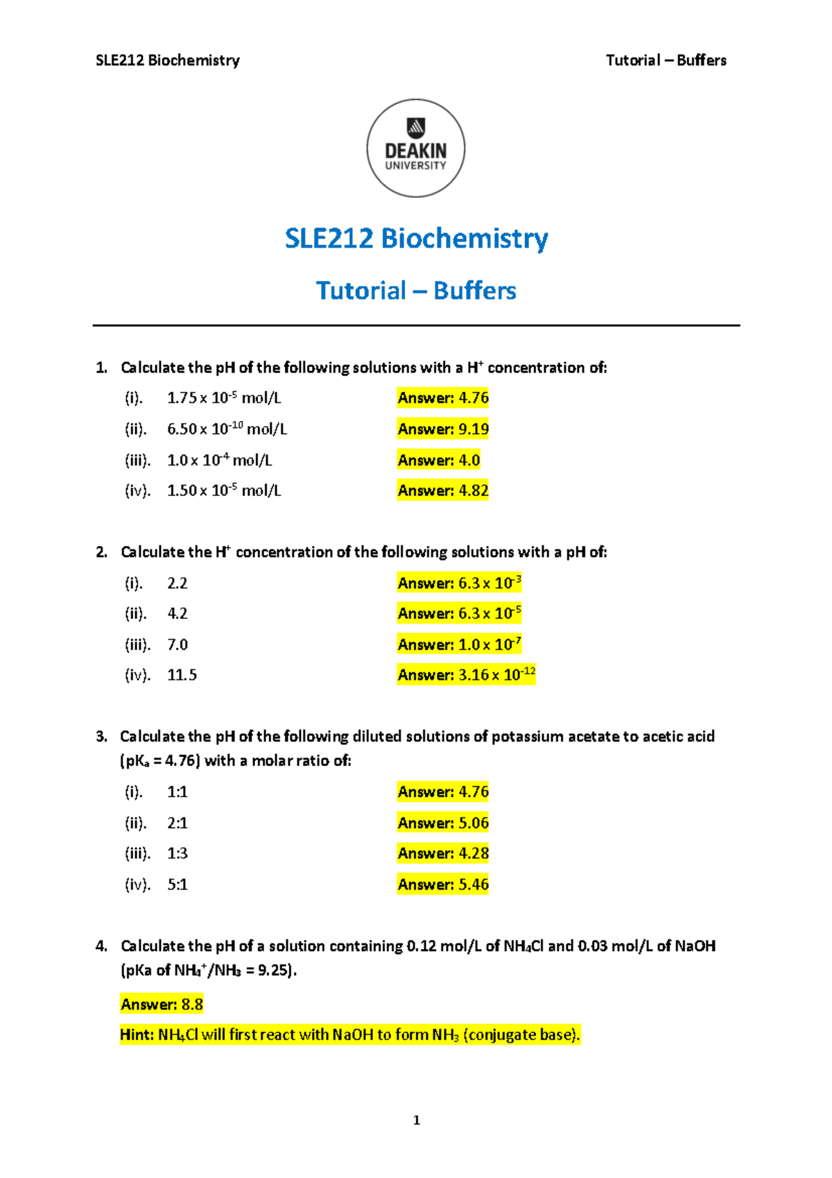 SLE212 Tutorial Answers (1) Buffers - SLE212 Biochemistry Tutorial – Buffers 1 SLE212 ...
