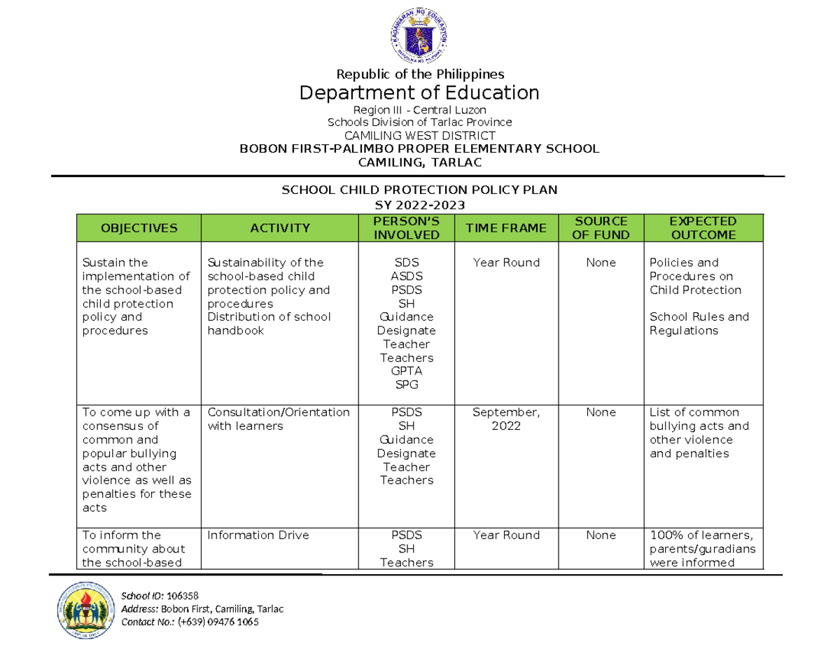 Bfppes school child protection policy plan - School ID: 106358 Address ...