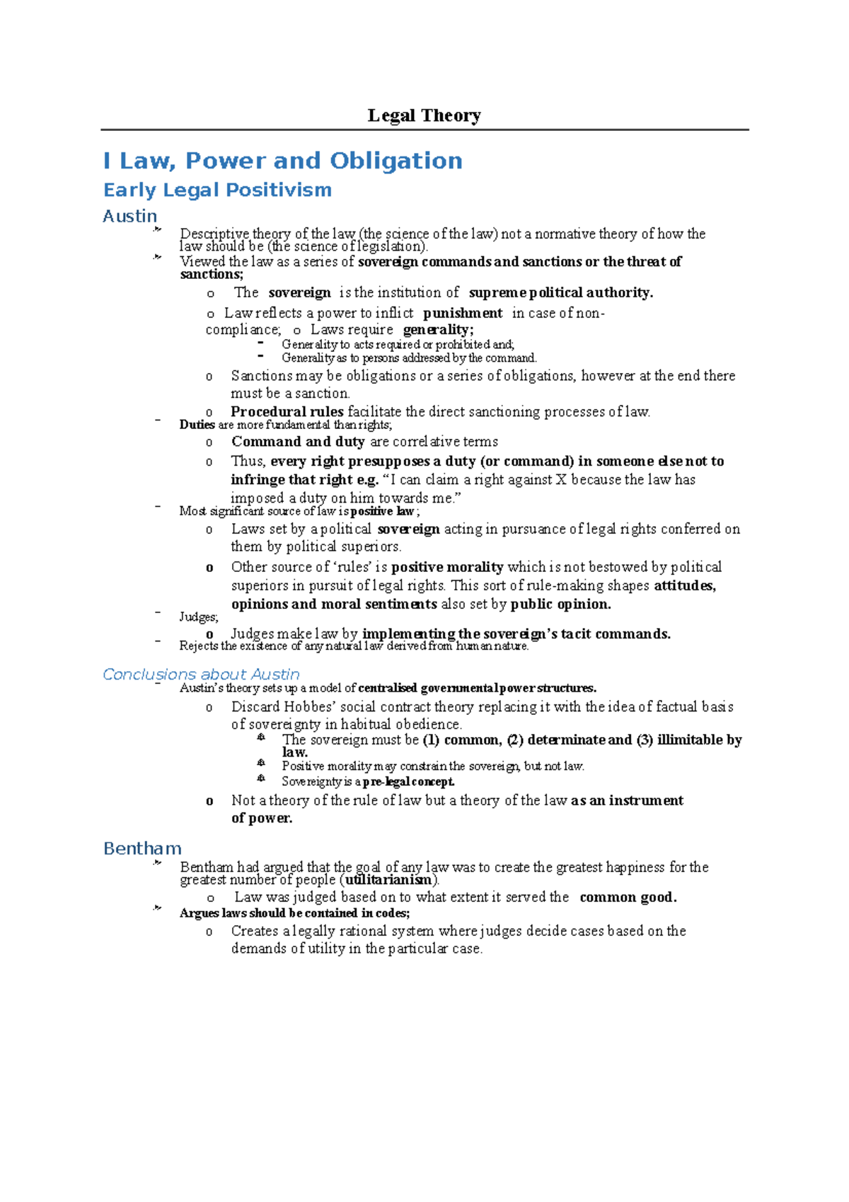 Legal-theory-summary - Legal Theory I Law, Power and Obligation Early ...