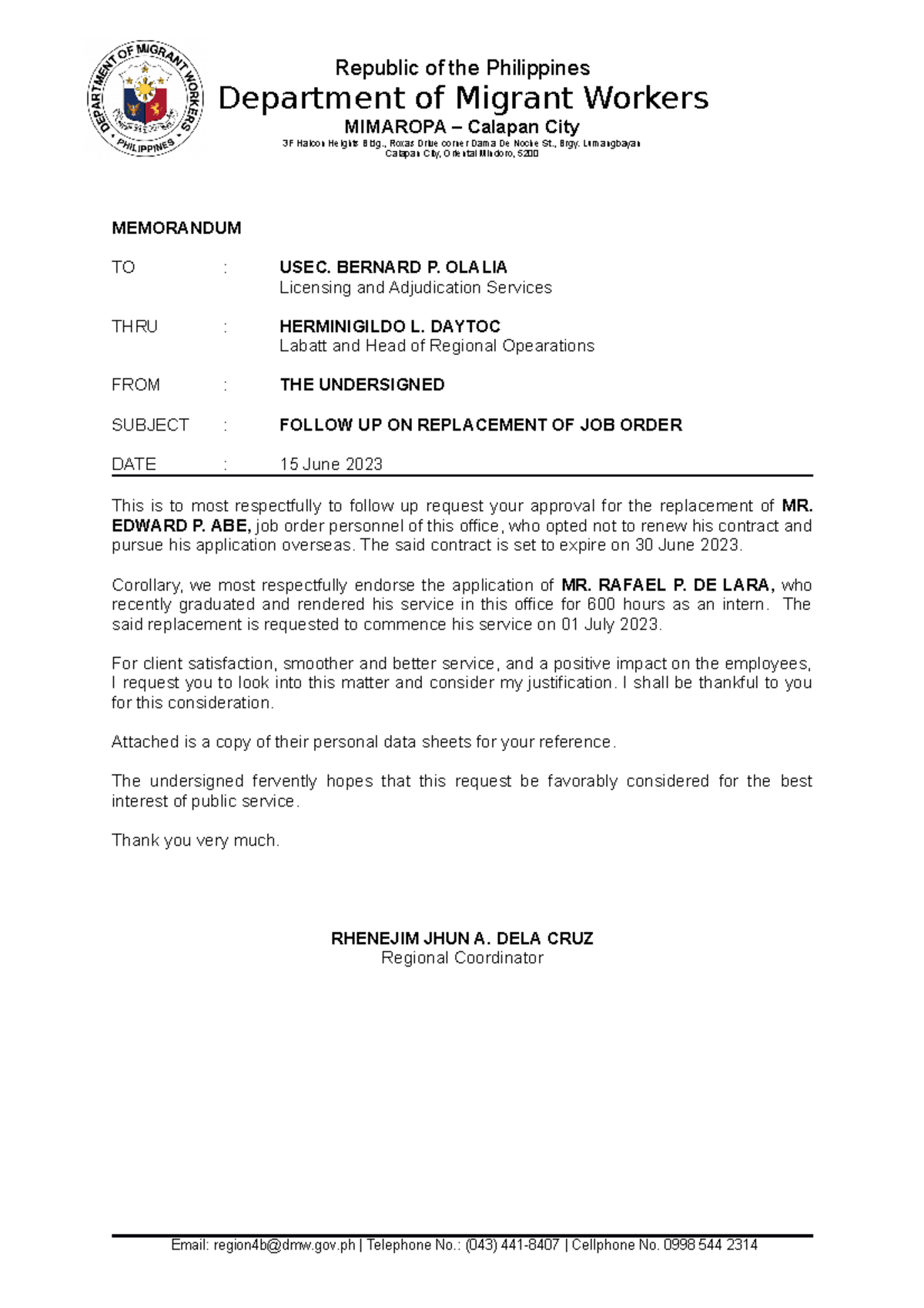 Job Order Replacement to follow up - Republic of the Philippines ...