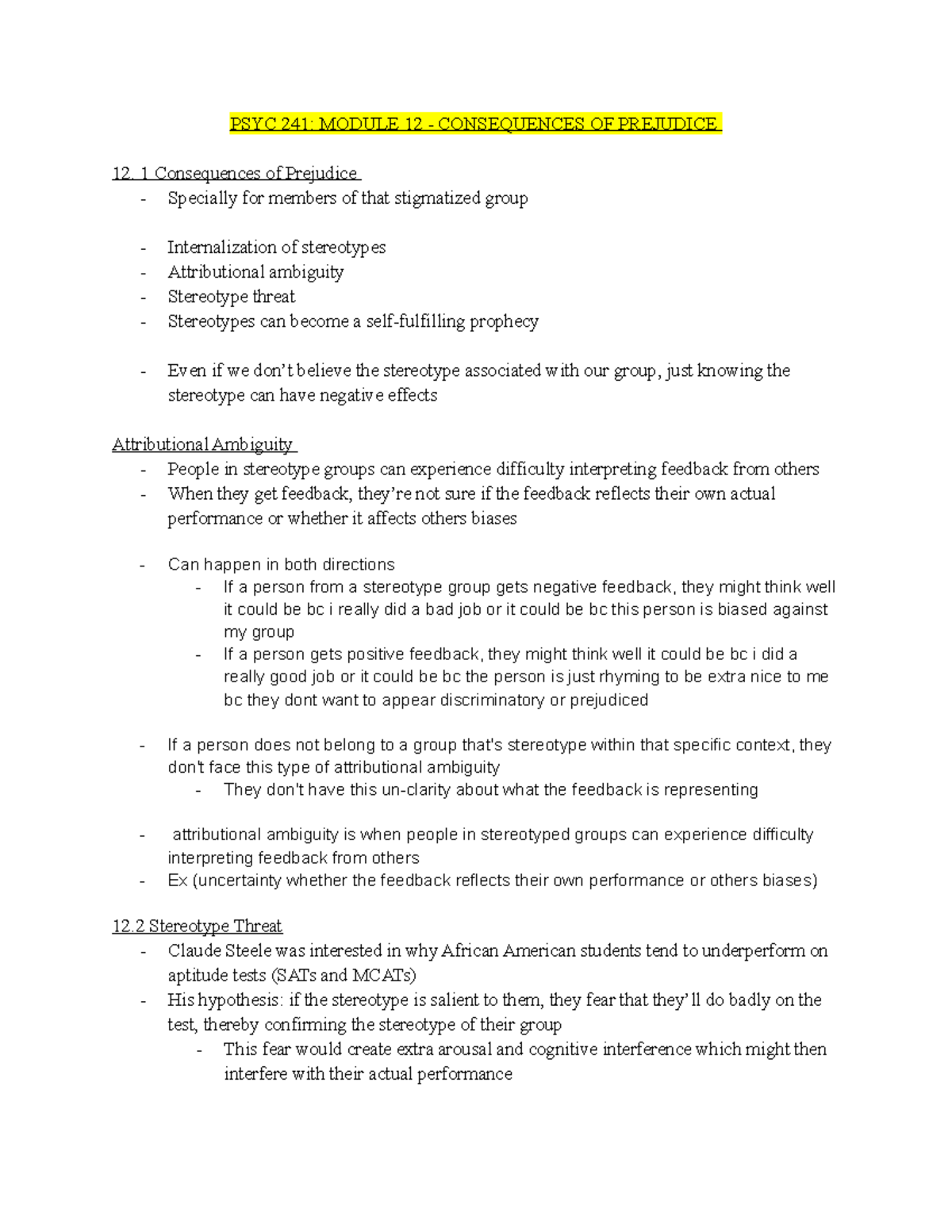 PSYC 241 Module 12 - PSYC 241: MODULE 12 - CONSEQUENCES OF PREJUDICE 1 ...
