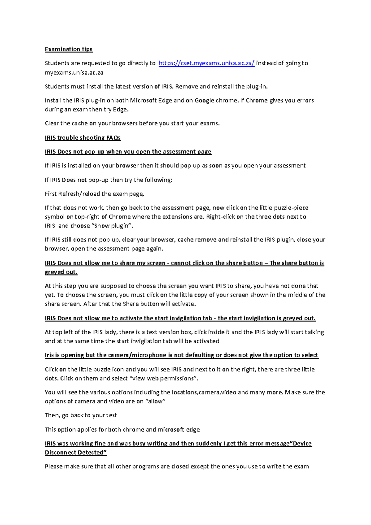 IRIS FAQs - IRIS Rules for exams - Examination tips Students are requested to go directly to ...