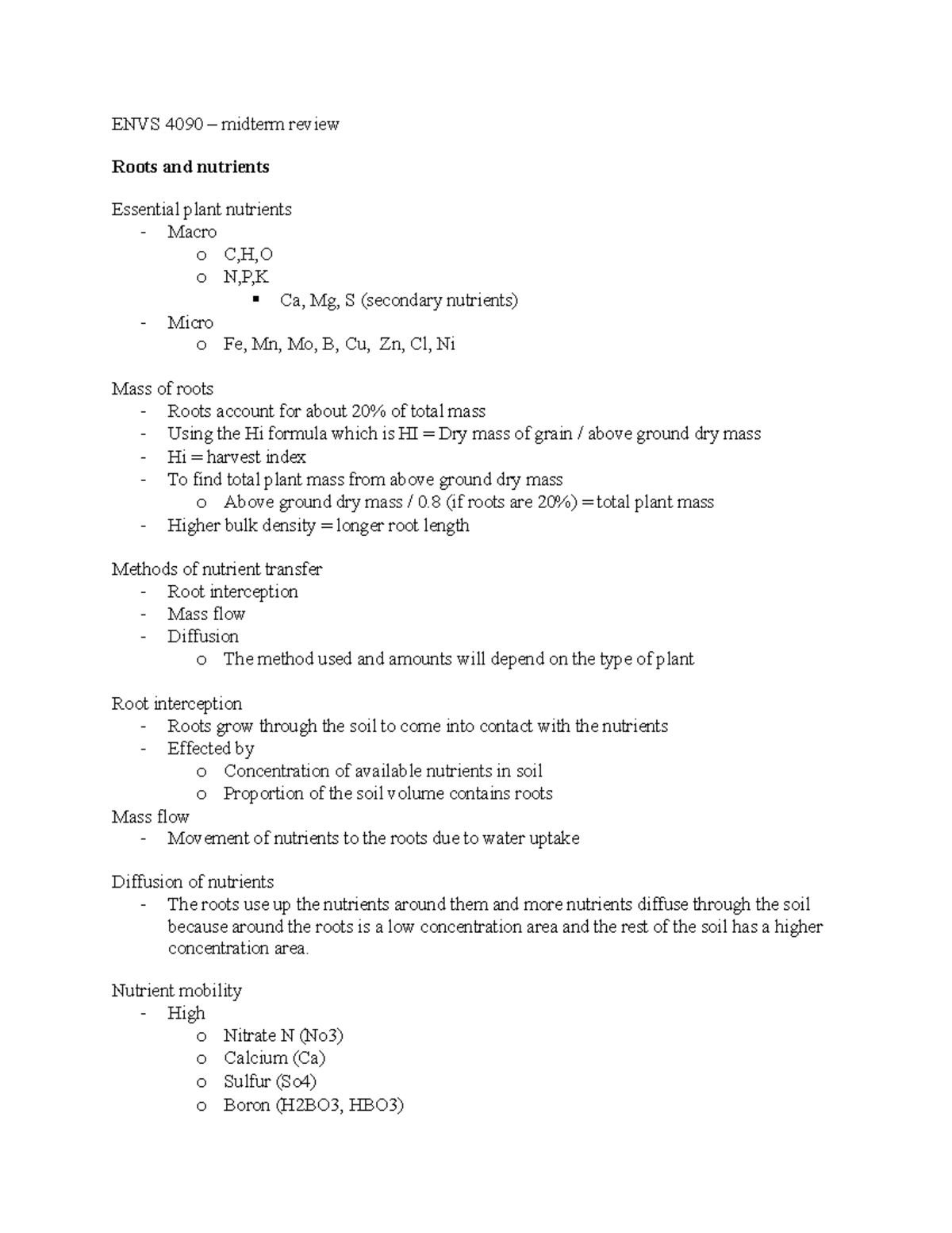 ENVS 4090 Midterm Review: Roots Nutrients and Soil Organic Matter - Studocu
