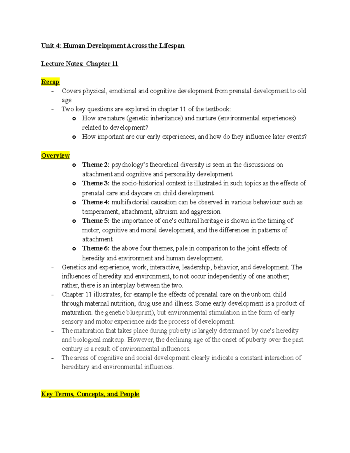 Unit 4 Lecture Notes Unit 4 Human Development Across The Lifespan Lecture Notes Chapter 11