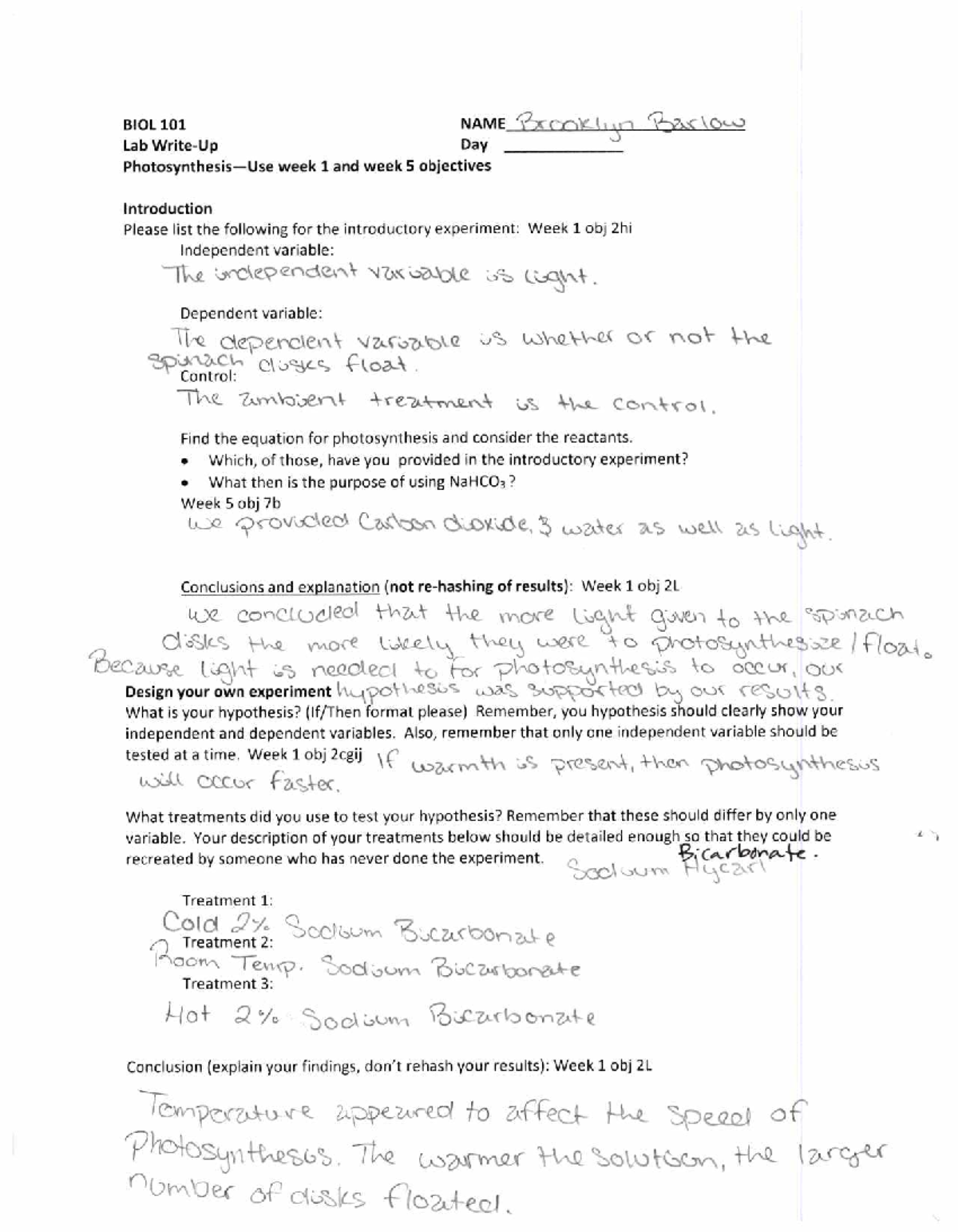 Photosynthesis Lab Write-up - BIOL 101 NAME Brooklyn Barlow Lab Day Use ...
