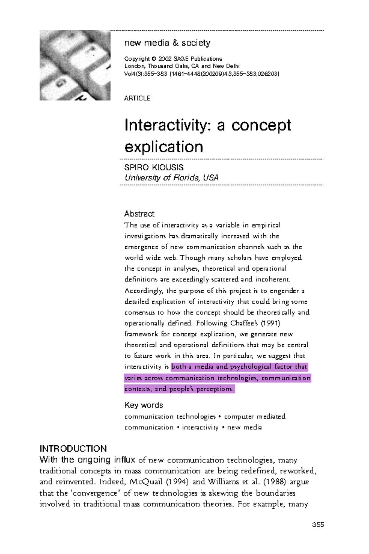 Interactivity - ARTICLE Interactivity: a concept explication - Studocu