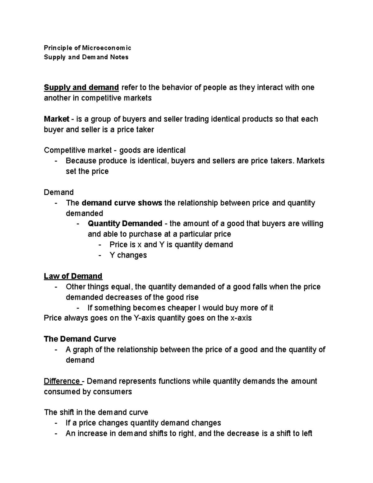 Supply and Demand Notes - Principle of Microeconomic Supply and Demand ...