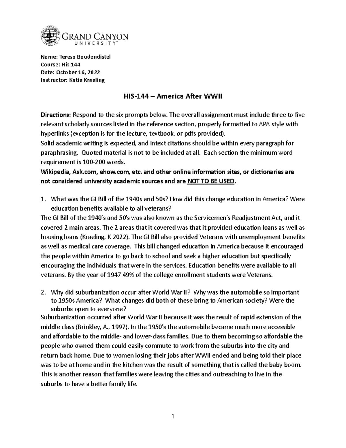 HIS 144 Week 5 Writing Assignment - Name: Teresa Baudendistel Course ...