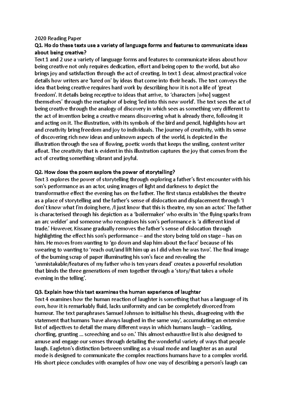 2020 Reading Paper - 2020 HSC - 2020 Reading Paper Q1. Ho do these ...