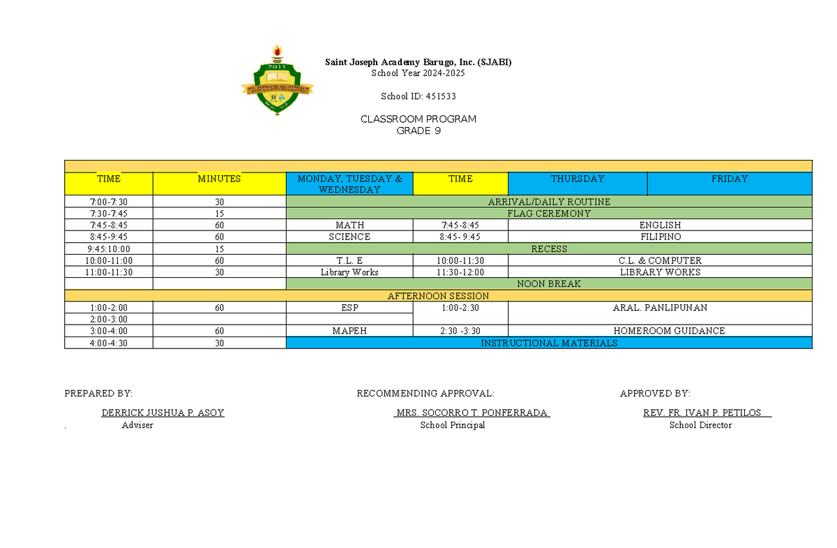 GRADE 9 - Schedule St. Rita School Year 2024-2025 - Saint Joseph ...