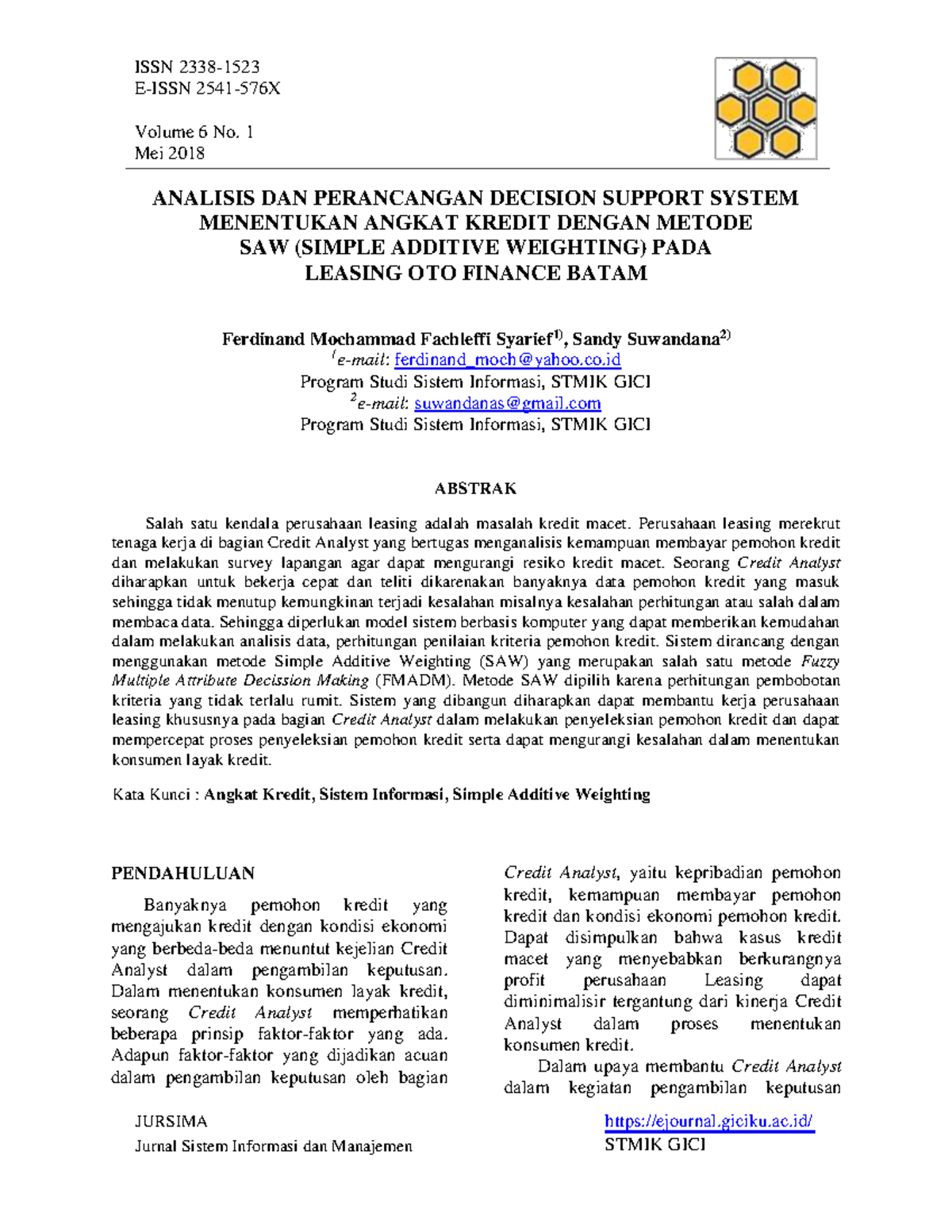 Artikel 3 - sdsdsdsd - E-ISSN 2541-576X Volume 6 No. 1 Mei 2018 JURSIMA ...