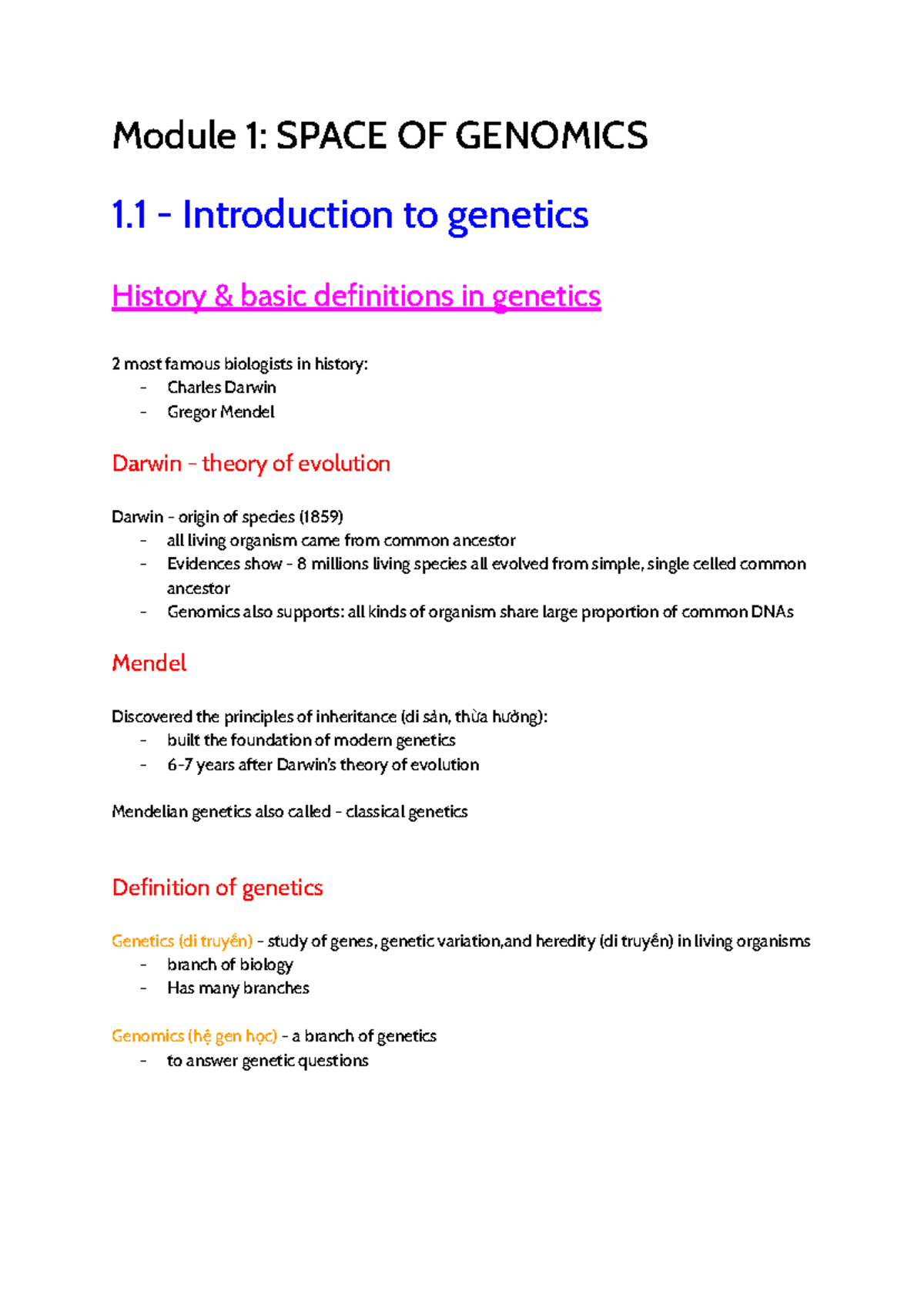 CONS 302 Module 1 - NOTES - Module 1 : SPACE OF GENOMICS 1. 1 ...