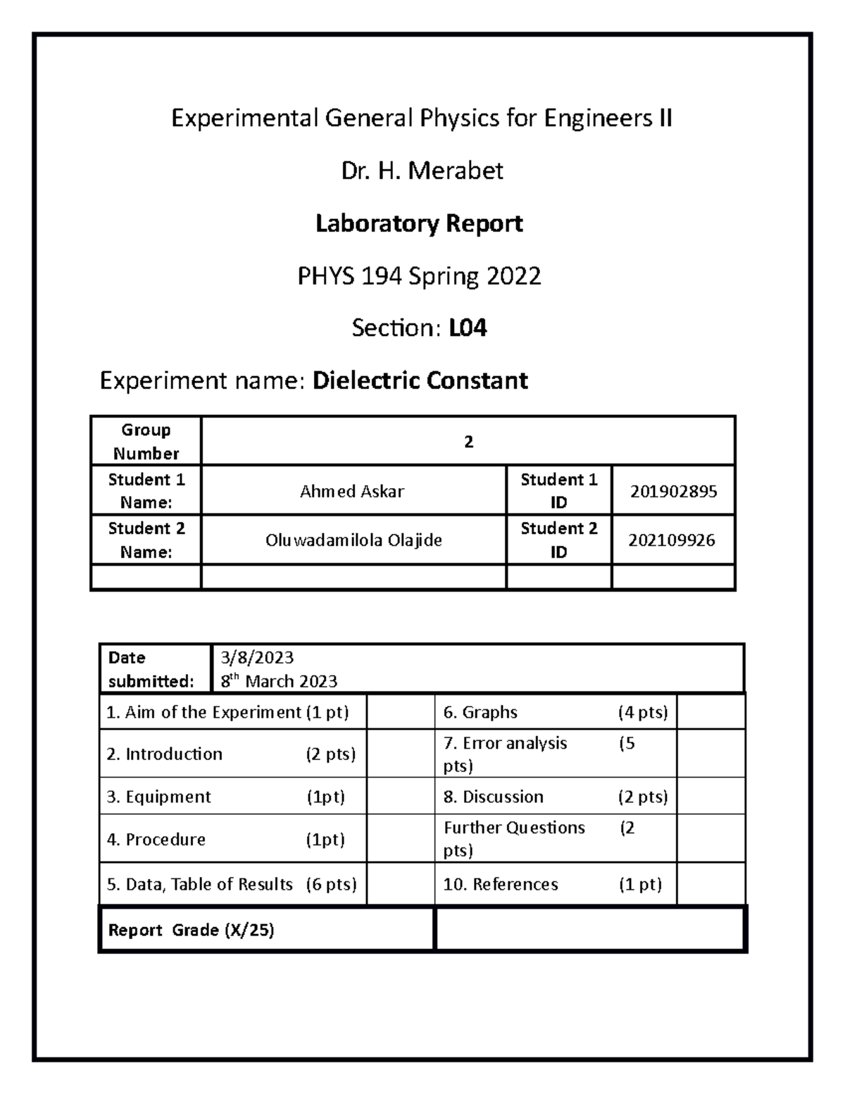 Lab report 2 Dielectric Constant - Experimental General Physics for ...