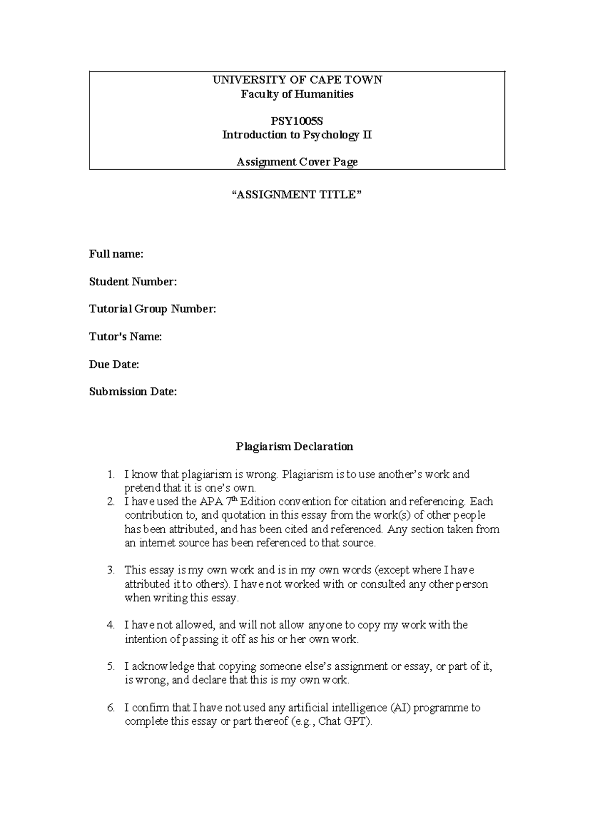 Cover Page and Plagiarism Declaration - UNIVERSITY OF CAPE TOWN Faculty ...