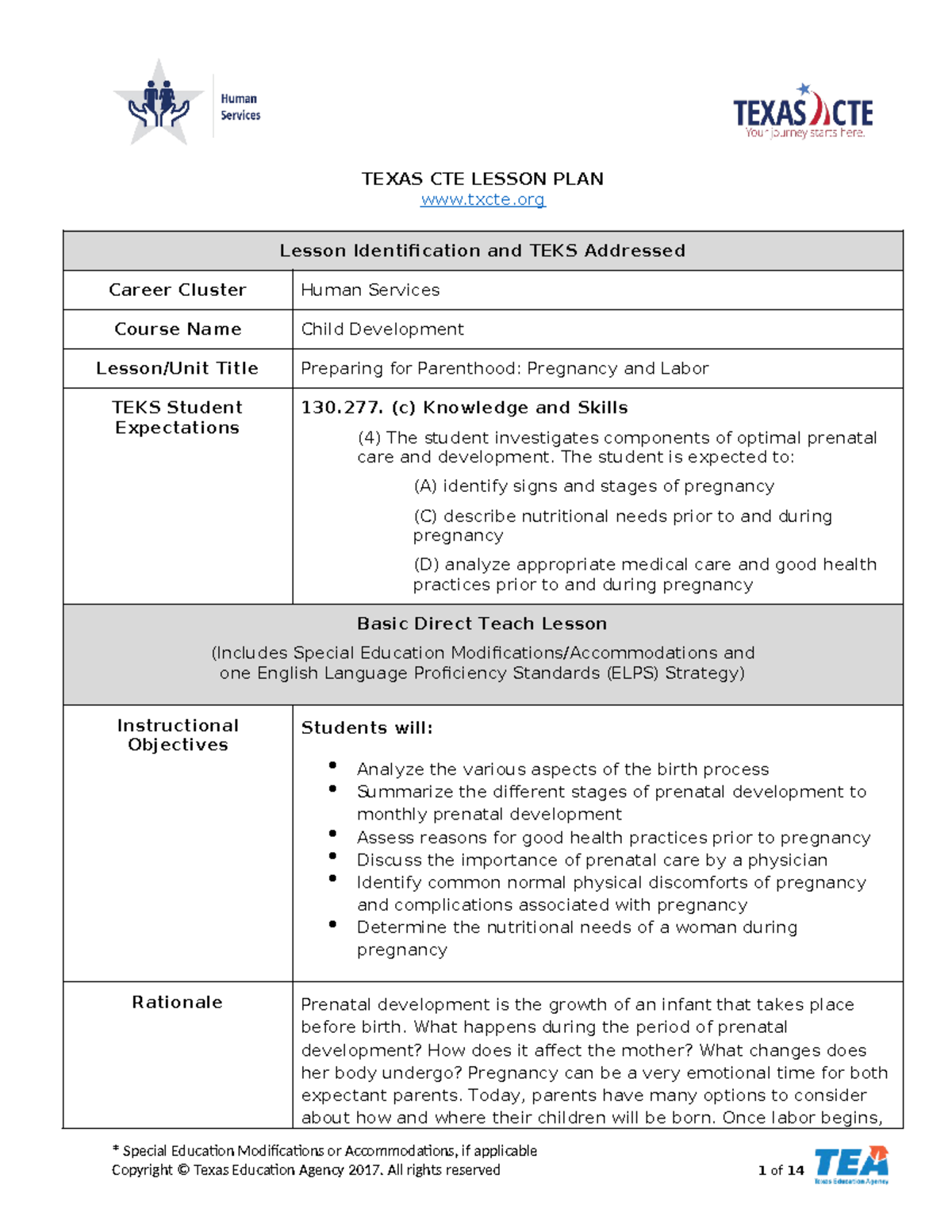 Lesson Plan Preparing for Parenthood Pregnancy and Labor 0 - TEXAS CTE ...