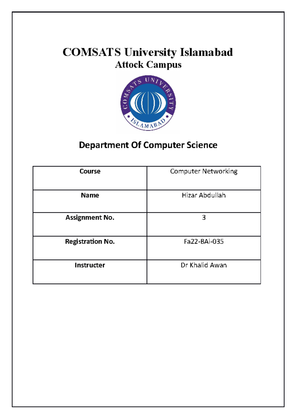 Cn assignment 3 - Computer - COMSATS University Islamabad Attock Campus Department Of Computer ...