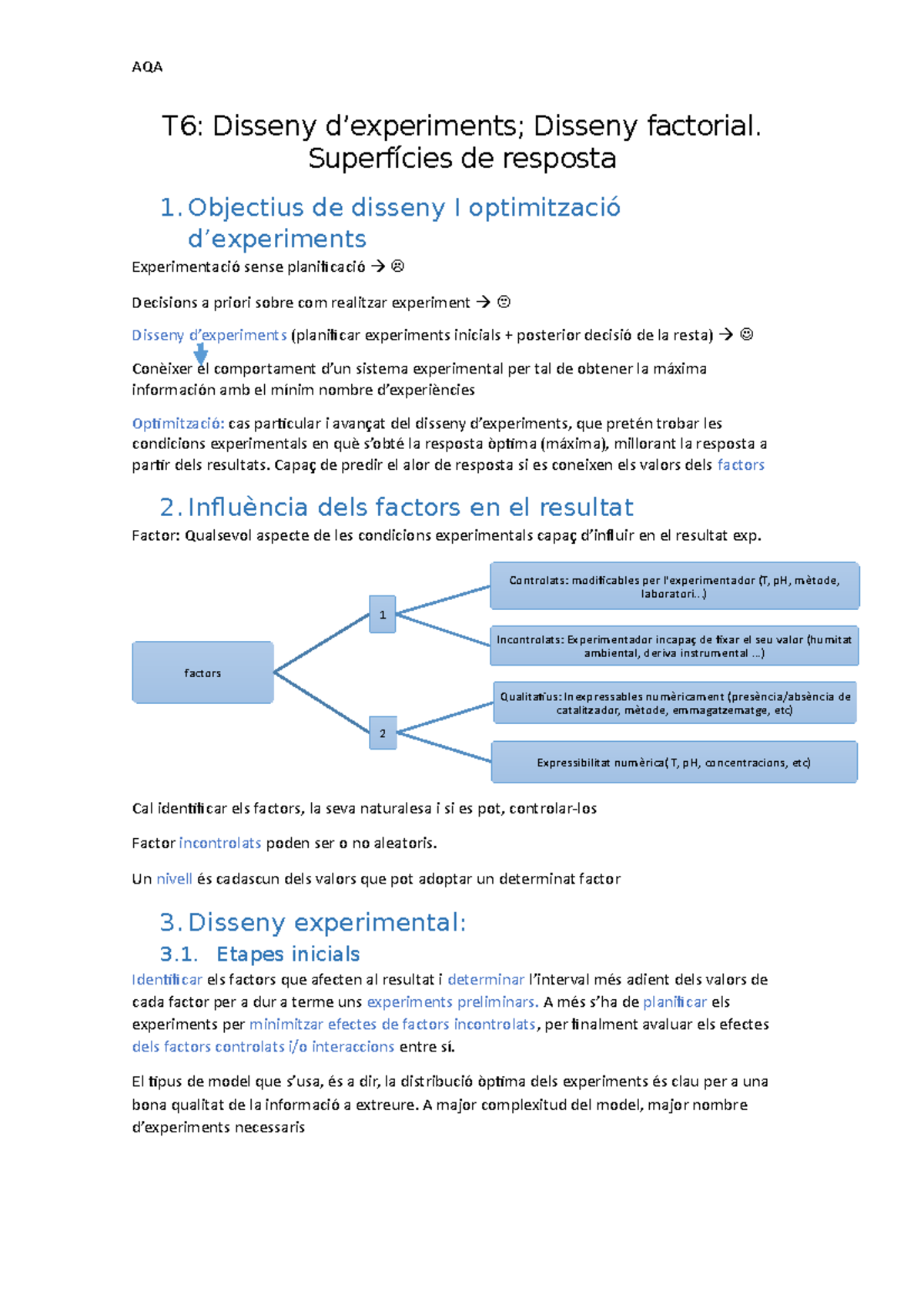 T6 resum - AQA - T6: Disseny d’experiments; Disseny factorial. Superfícies de resposta 1 ...