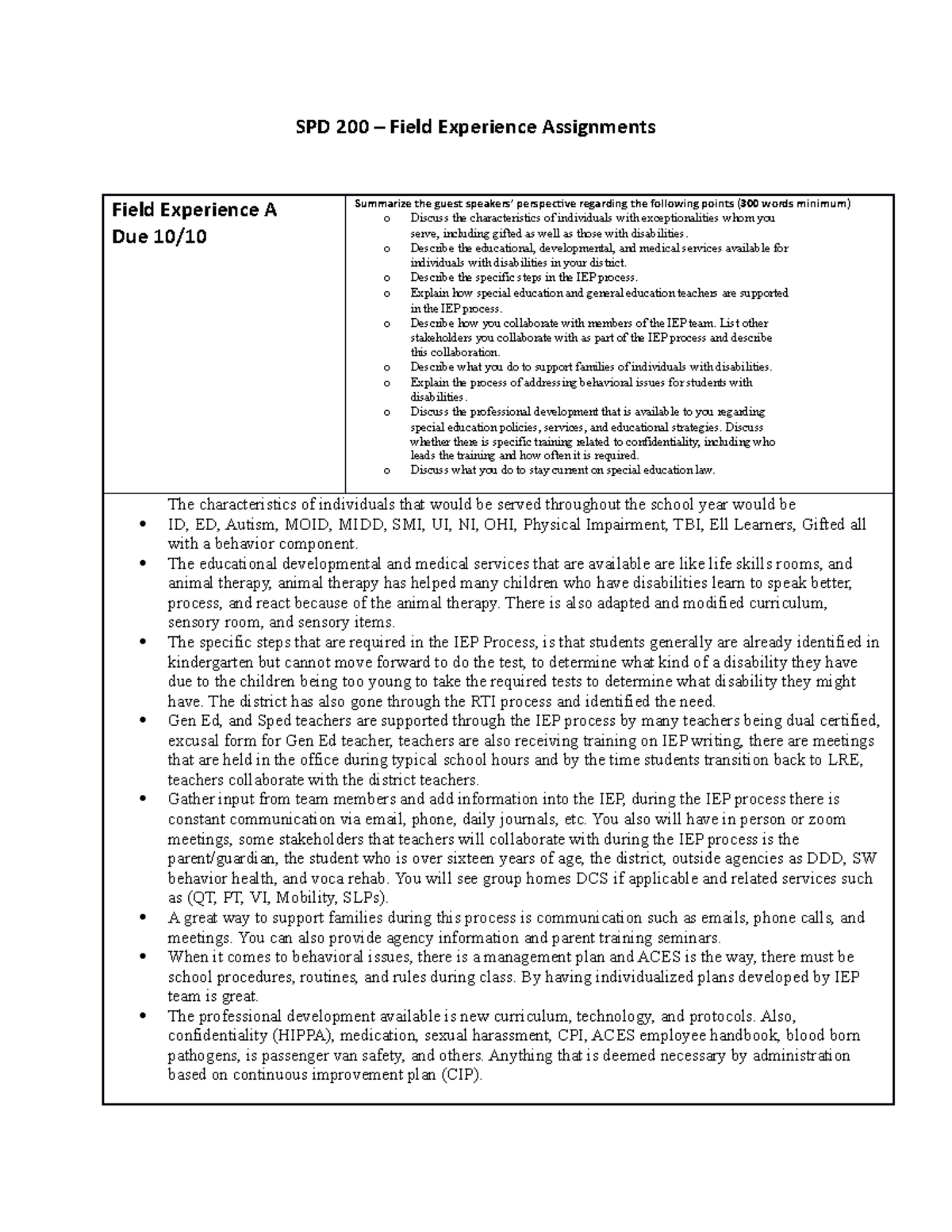 SPD 200 FE Assignments Template Part A - SPD 200 Field Experience ...