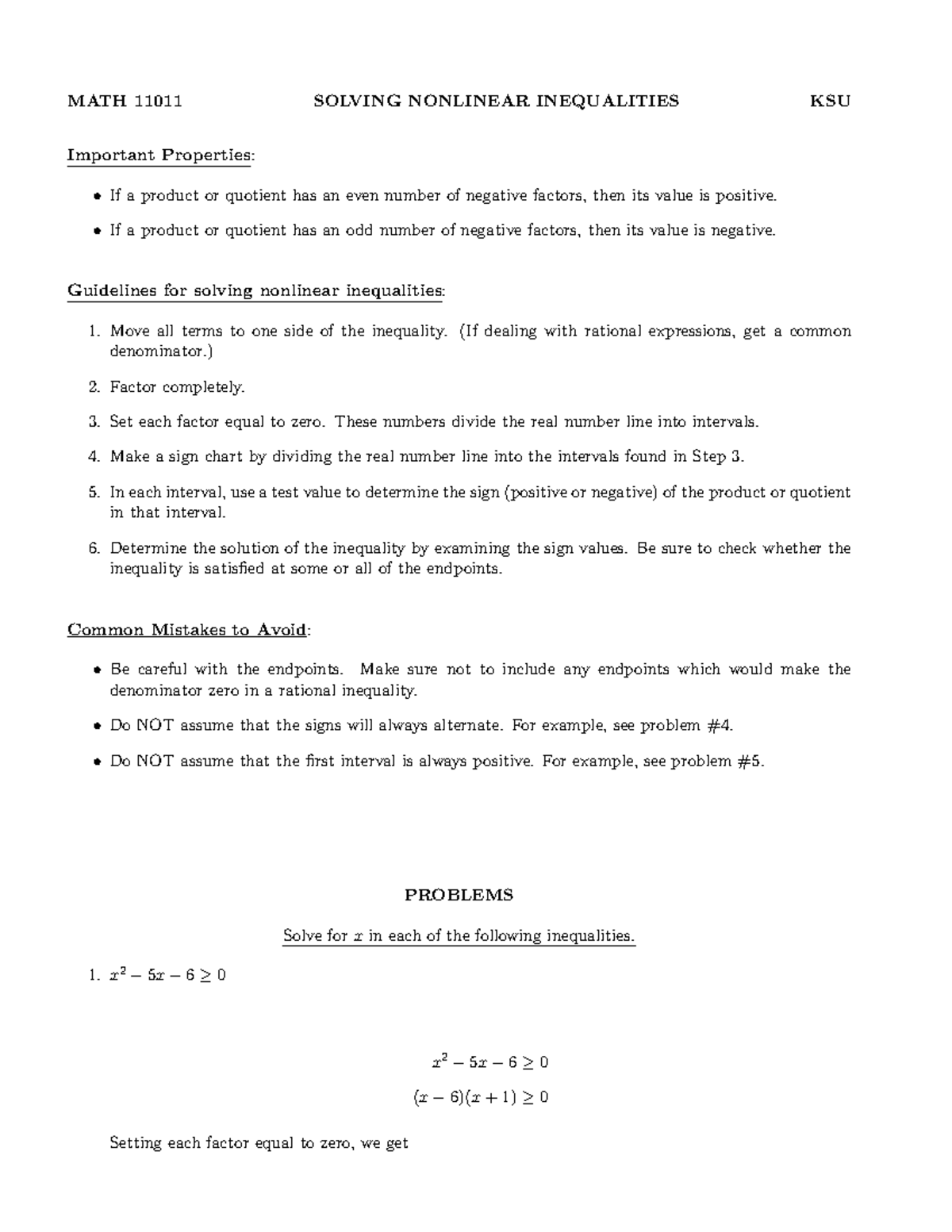 Solving nonlinear inequalities - MATH 11011 SOLVING NONLINEAR ...