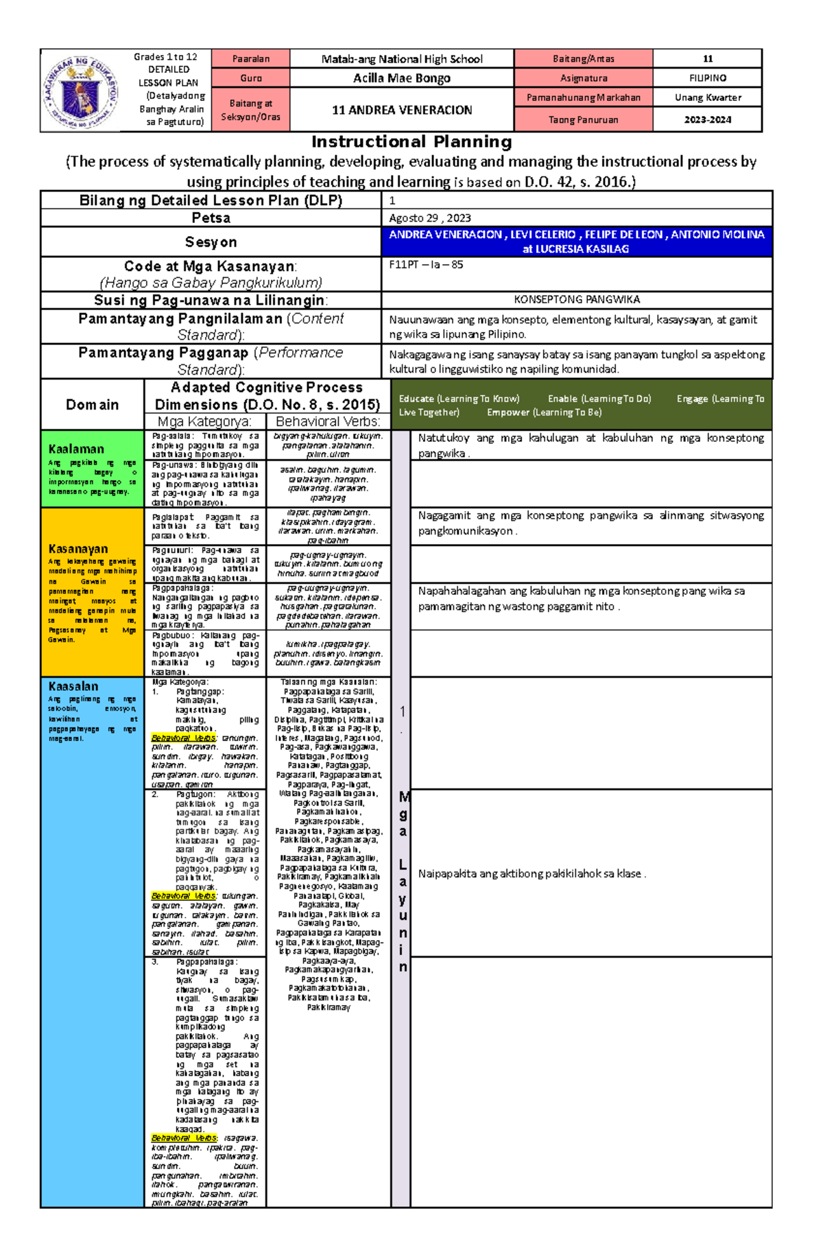 Detailed PLAN 1 - ............. - Grades 1 to 12 DETAILED LESSON PLAN ...