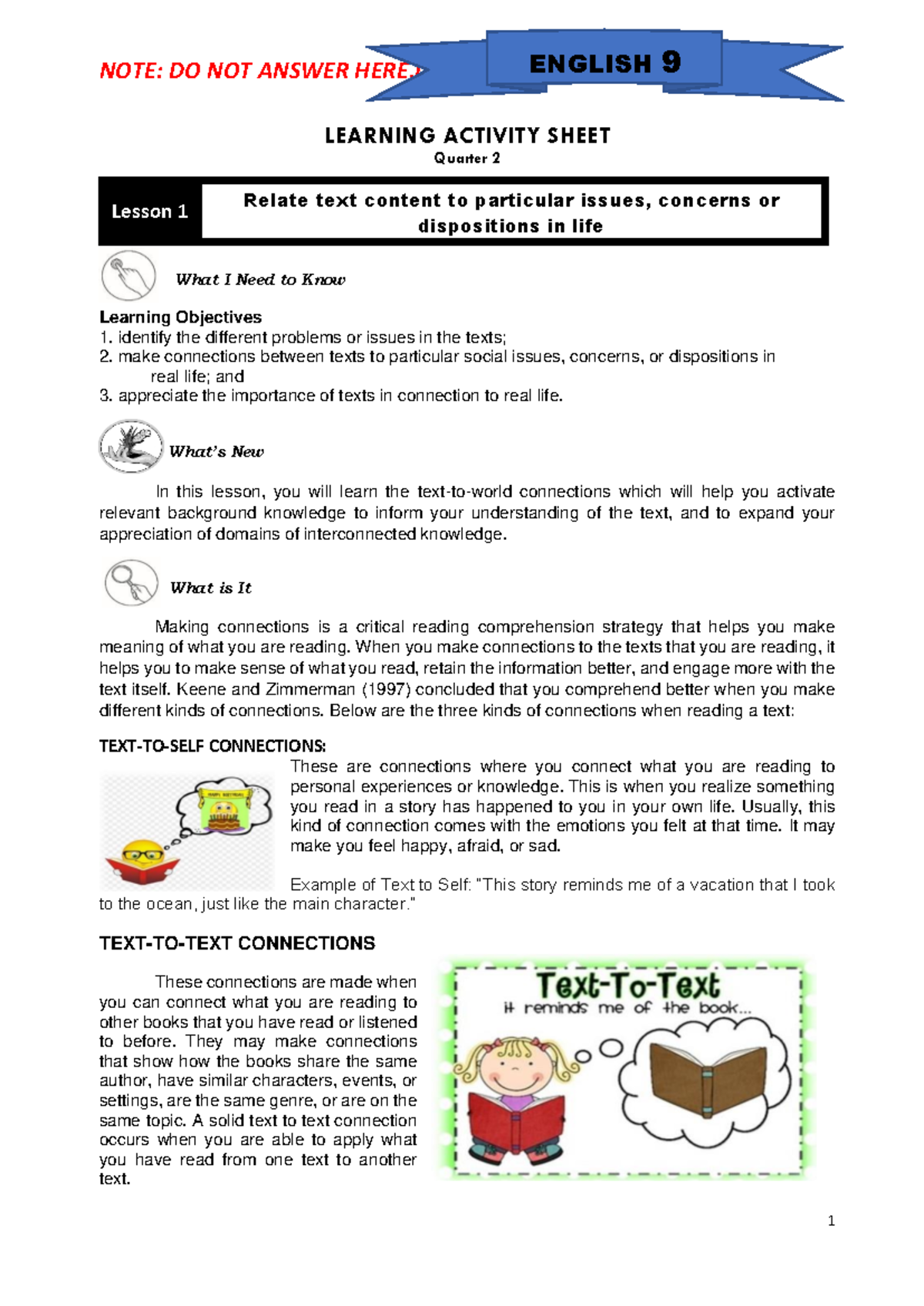 Quarter 2- Lessons 1 - 4 LAS in English 9 - NOTE: DO NOT ANSWER HERE ...