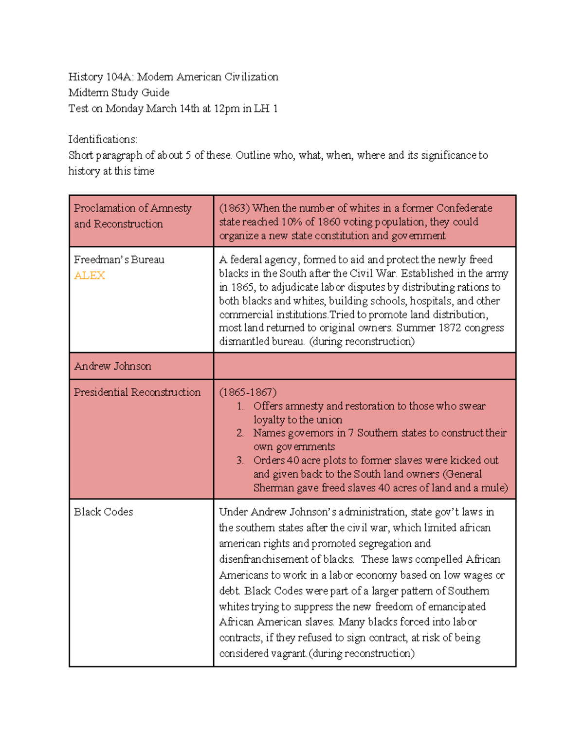 104A midterm studyguide - History 104A: Modern American Civilization ...