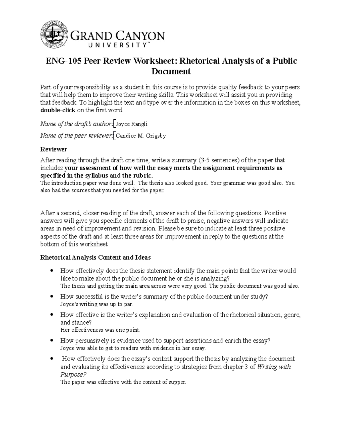 ENG-105-RS-Rhetorical Analysis Peer Review Worksheet Online - ENG-105 ...