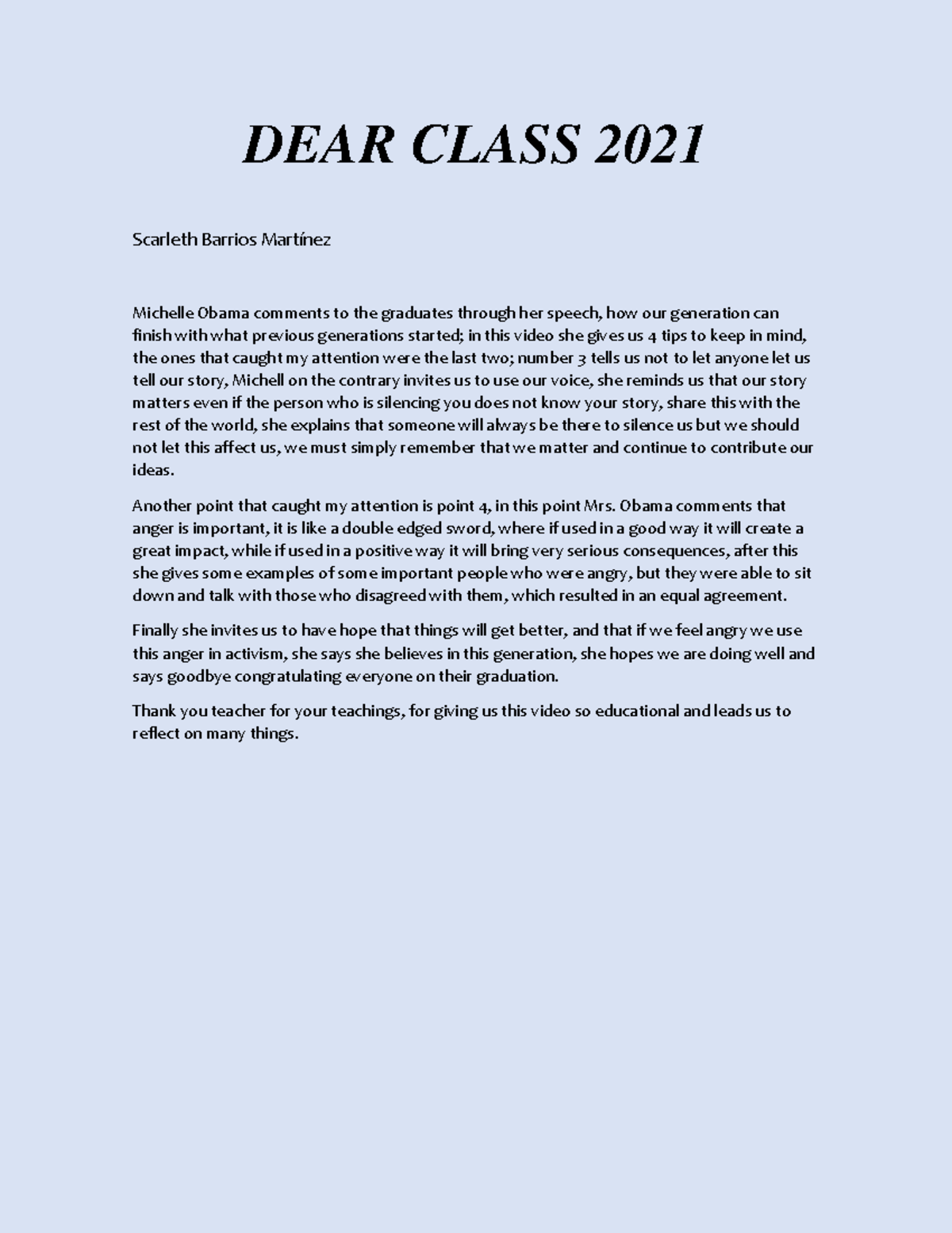 DEAR Class 2021Michelle Obama comments to the graduates through her ...
