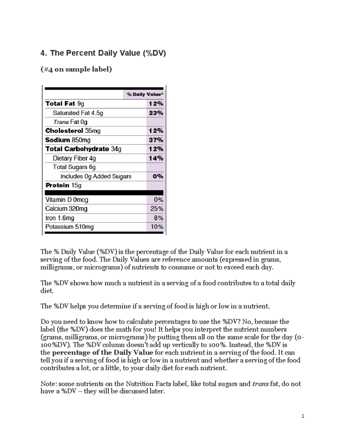Understanding Labels - 4. The Percent Daily Value (%DV) (#4 on sample ...