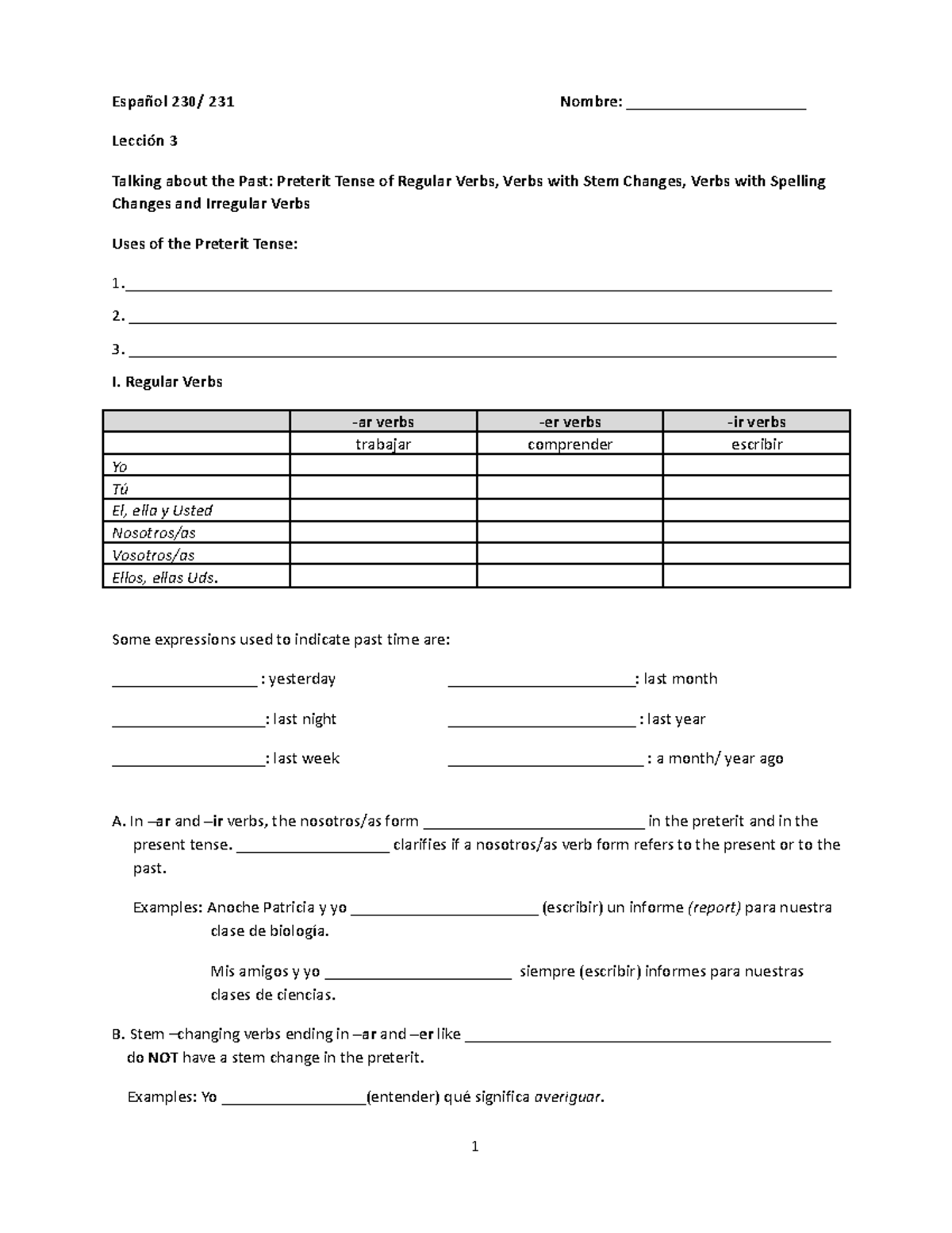 El Preterito (reference worksheet) - Span. 231 W - Español 230/ 231 ...