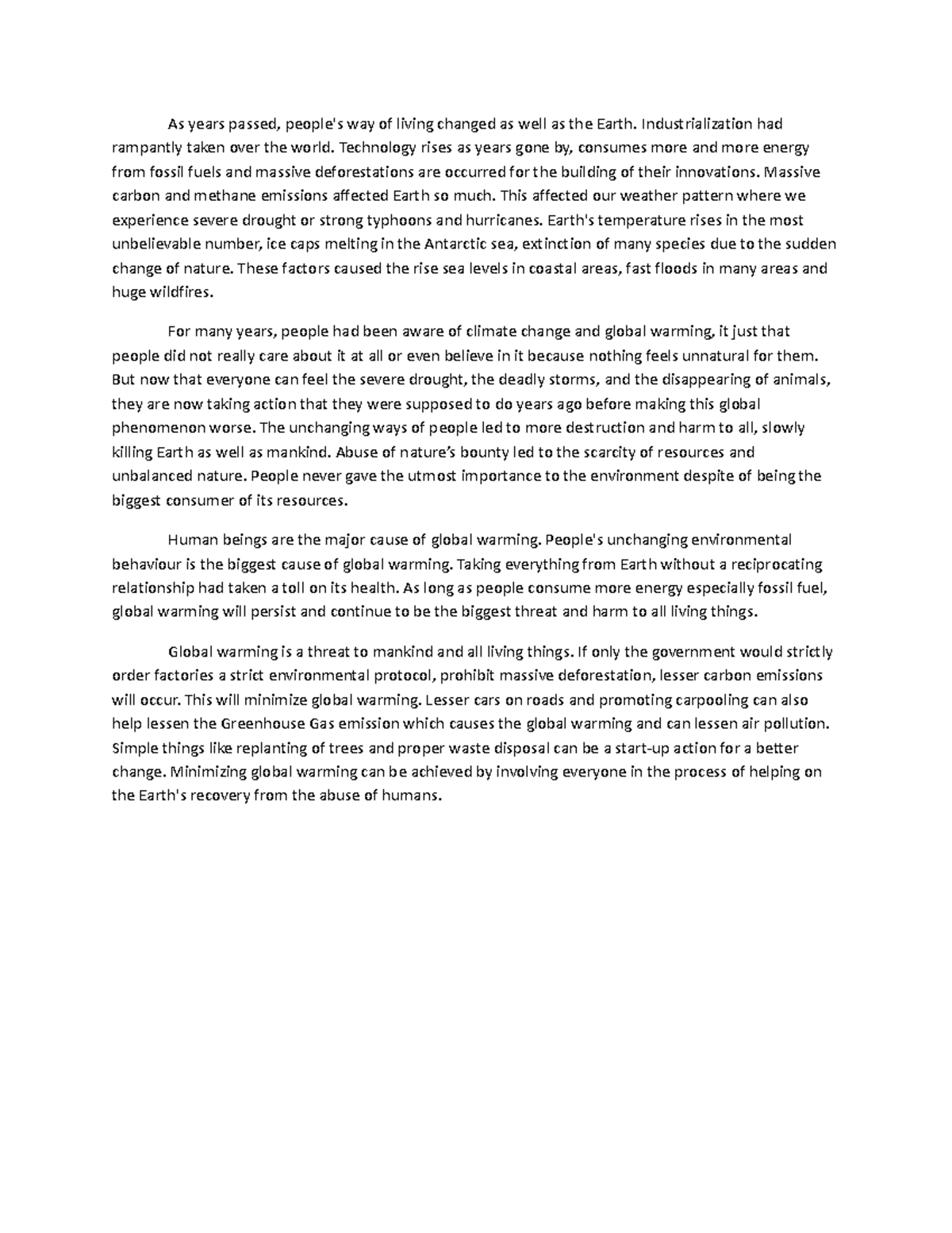 Reaction Paper (Global Warming) - As years passed, people's way of ...