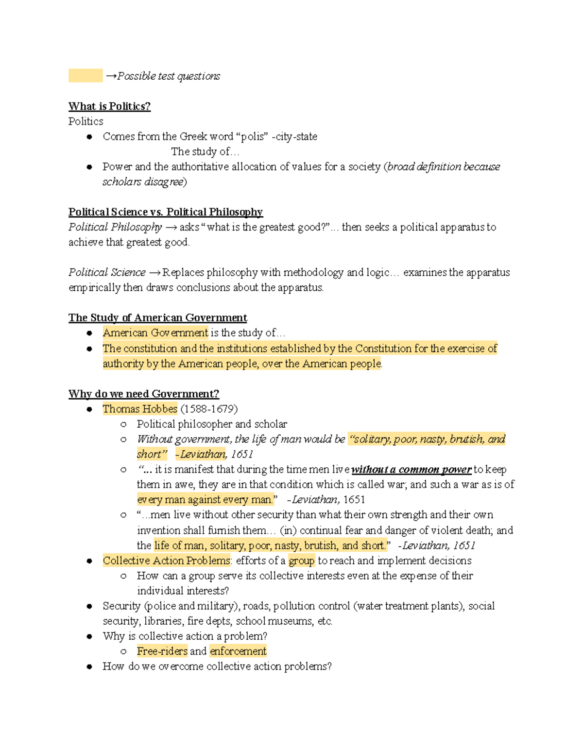 POL 102 Lecture 1 notes - →Possible test questions What is Politics ...