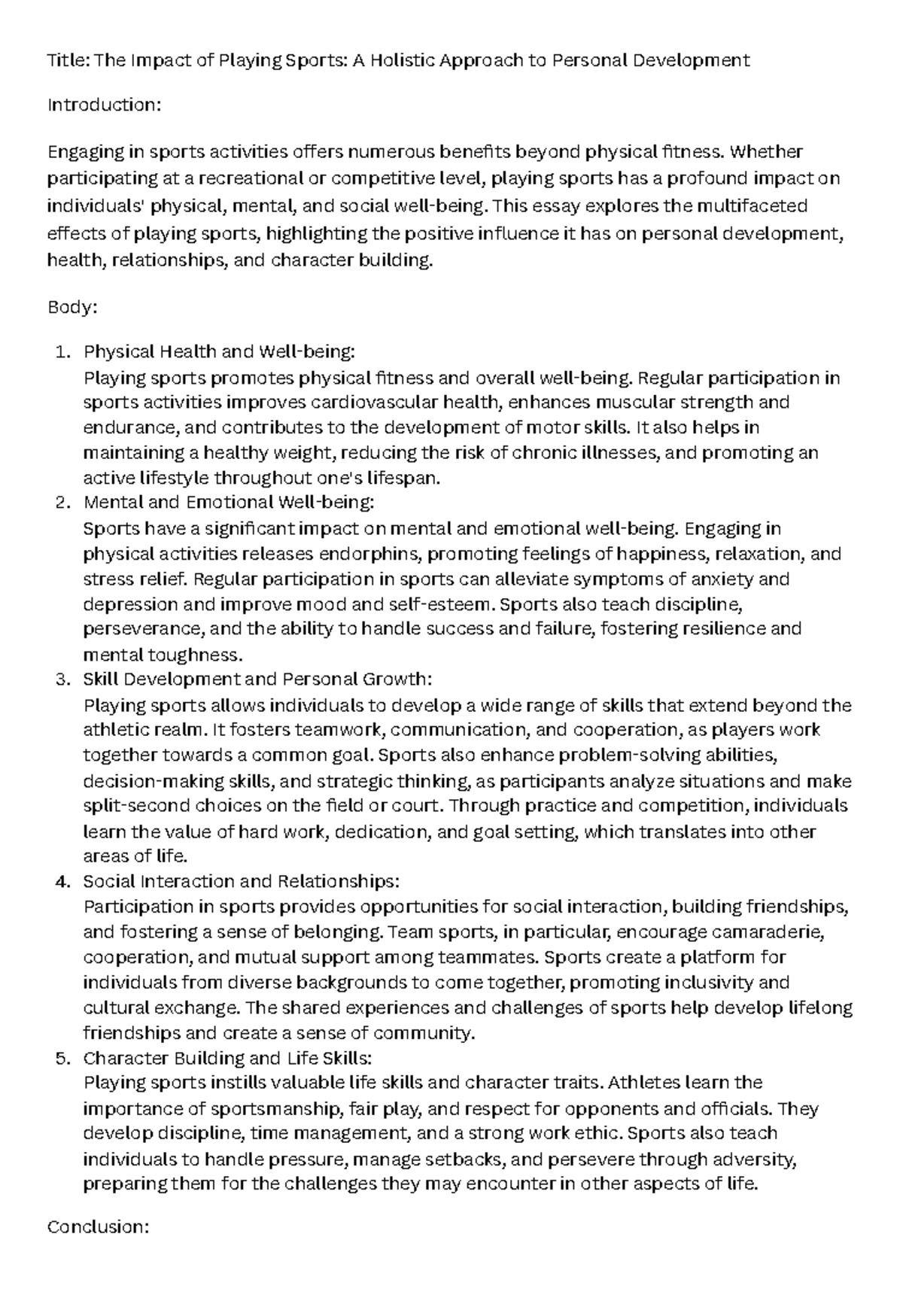 Title The Impact of Playing Sports A Holistic Approach to Personal ...