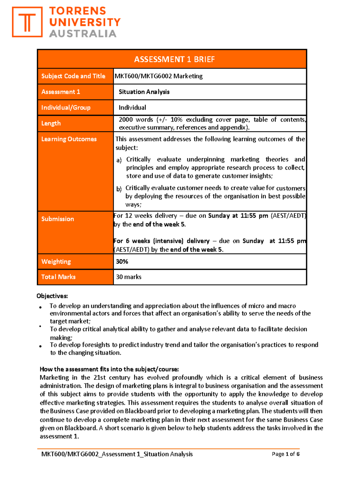 MKT600 Assessment 1 Situation Analysis - ASSESSMENT 1 BRIEF Subject ...