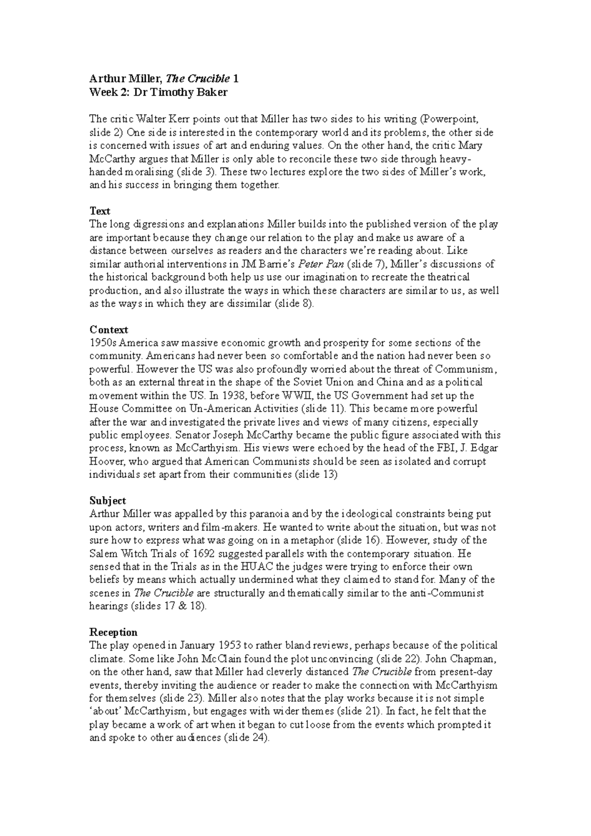 Lecture Summary The Crucible - Arthur Miller, The Crucible 1 Week 2: Dr ...