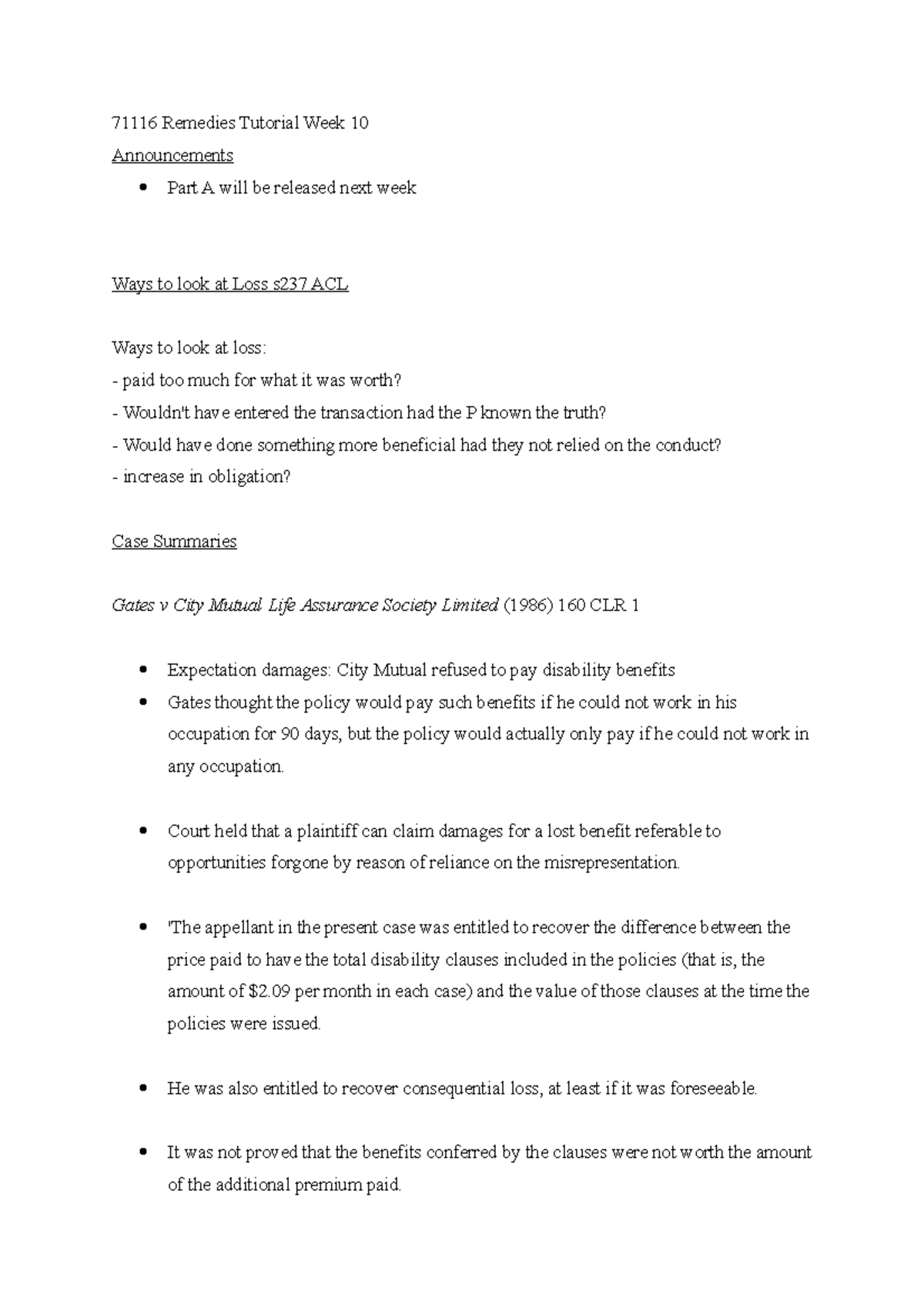 Remedies tut wk10 - Detailed notes with case summaries legislation and ...