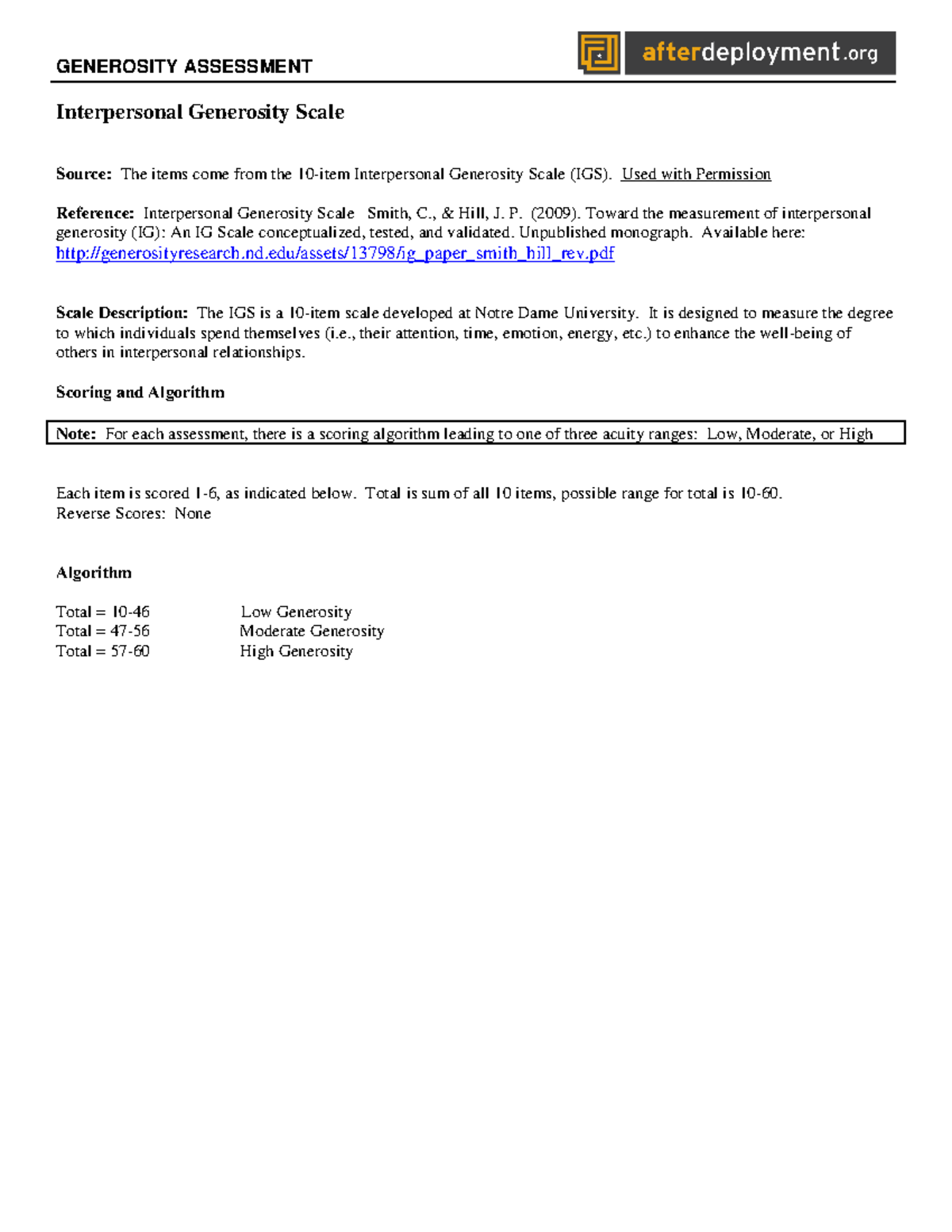Generosity-assessment - GENEROSITY ASSESSMENT Interpersonal Generosity Scale Source: The items ...