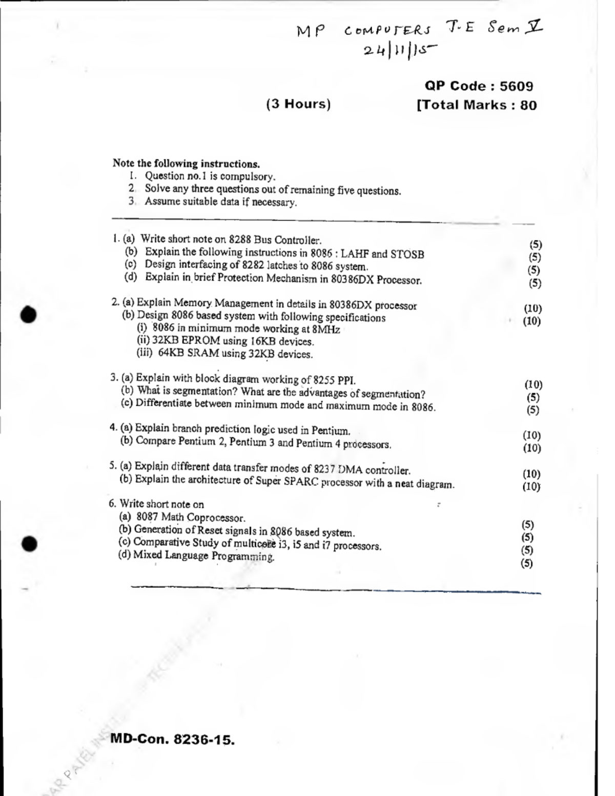 TE-Comps SEM5 MP DEC15 - Question Paper - MP COMPUTERS J Sem V QP Code : 5609 (3 Hours) Marks ...
