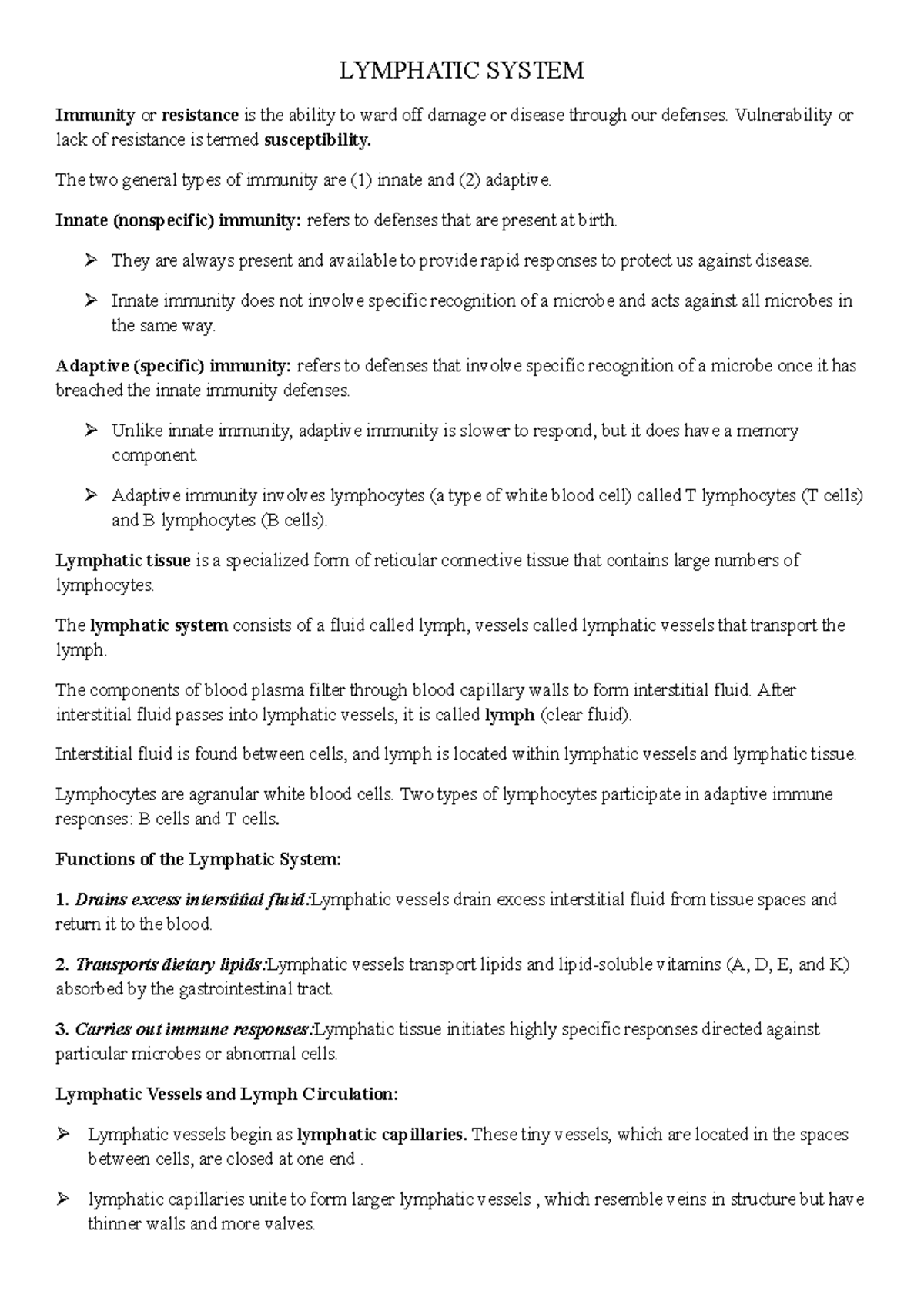 11. Lymphatic System - Lecture notes 1,2 - LYMPHATIC SYSTEM Immunity or ...