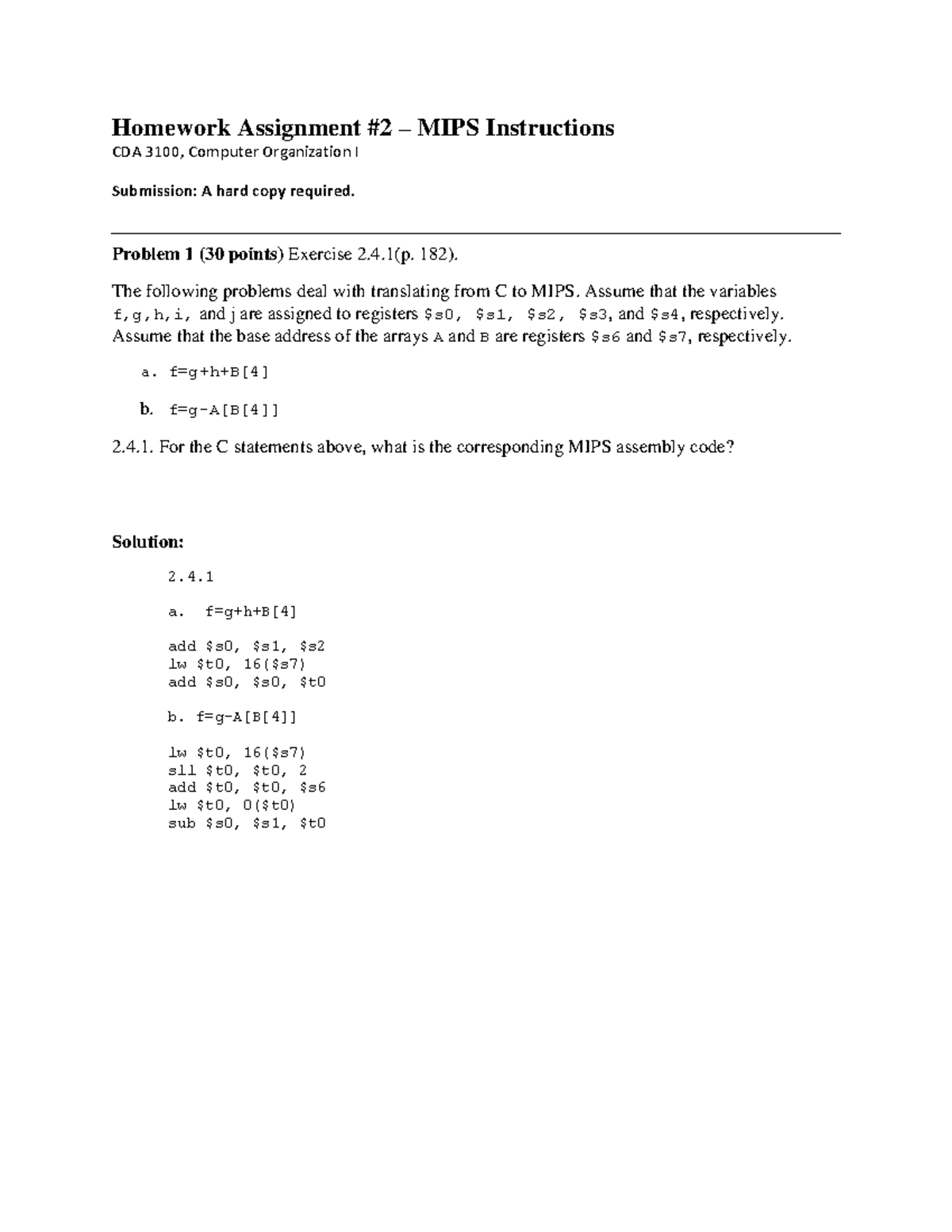 Hwk2s - Assignment Soloutions - Homework Assignment #2 – MIPS Instructions CDA 3100, Computer ...