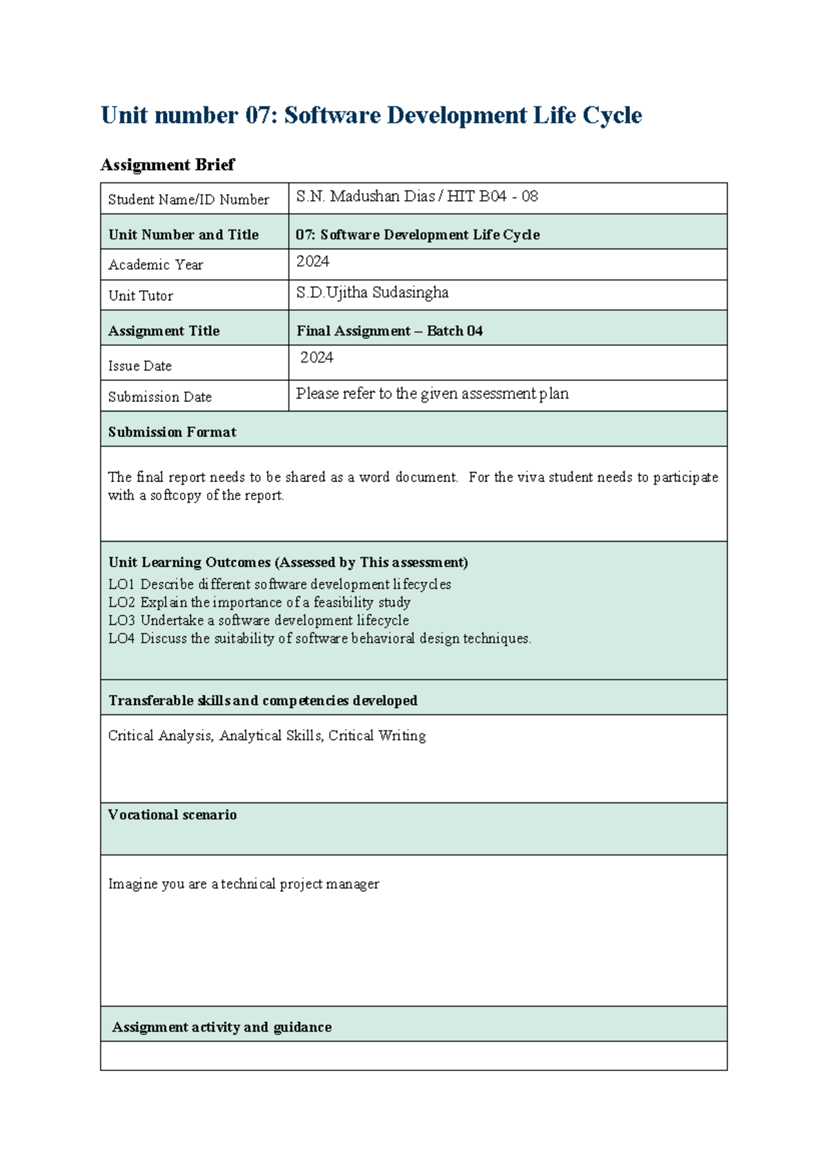 Assignment - SDLC - Batch 04 - Unit number 07: Software Development ...