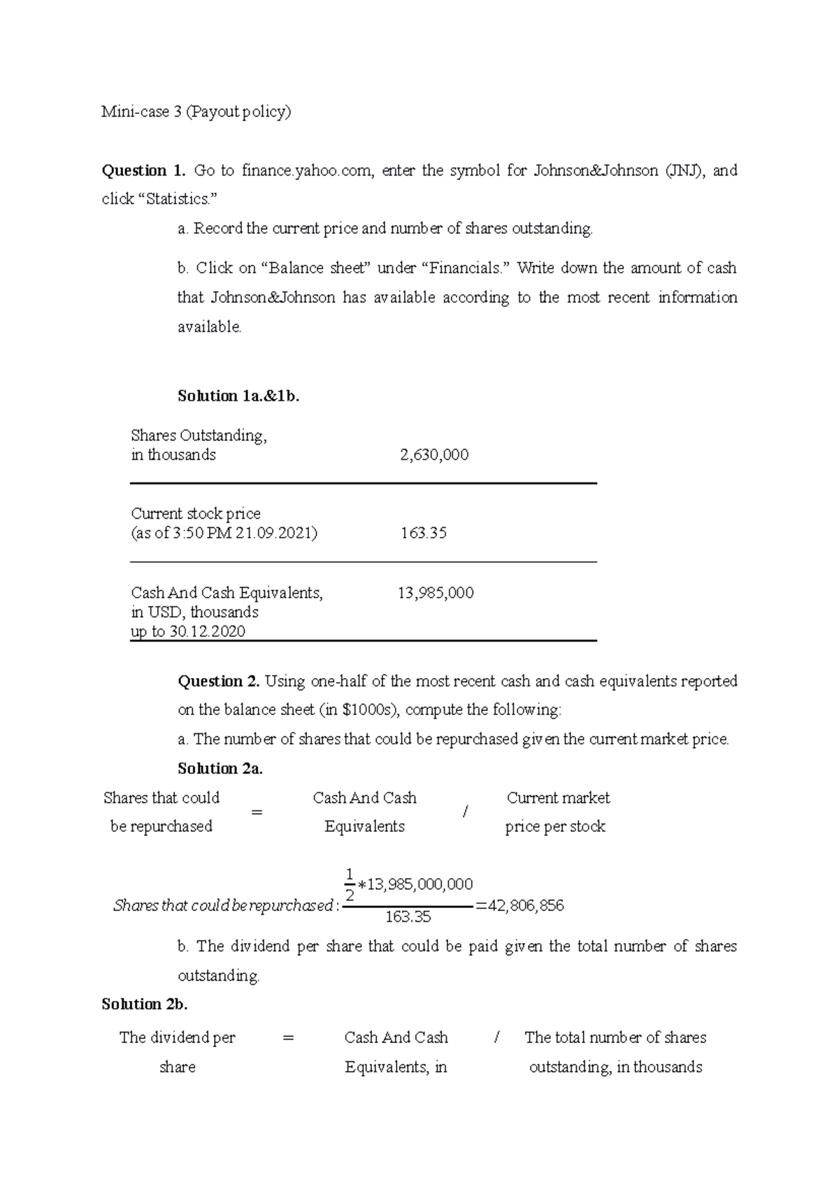 Mini case 3 - Answers for mini case 3 - Mini-case 3 (Payout policy ...