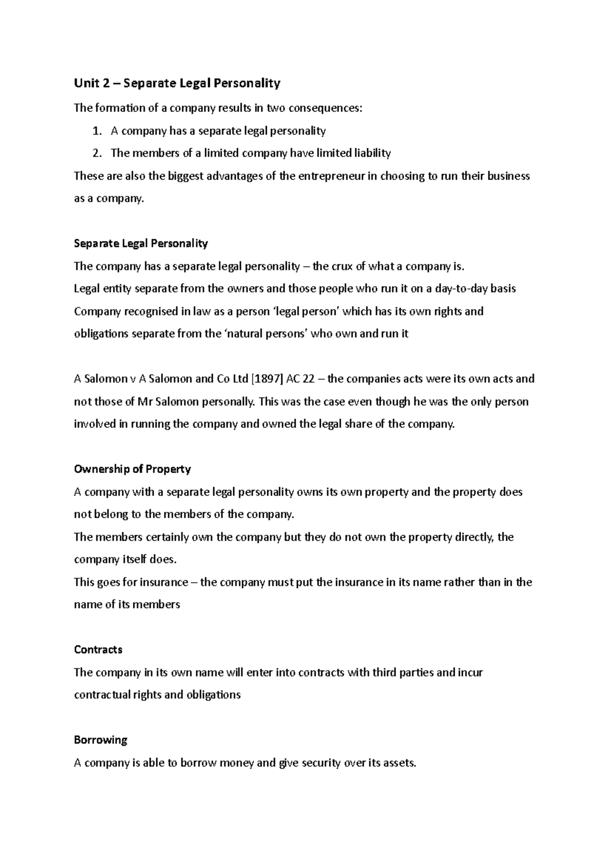 Unit 2 notes - Unit 2 – Separate Legal Personality The formation of a ...
