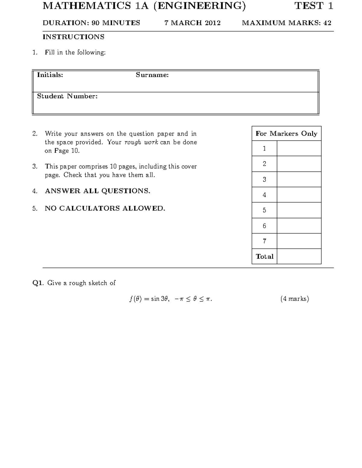 Mathematics test 1 - ITS A TEST WITH SOLUTIONS - MATHEMATICS 1A ...