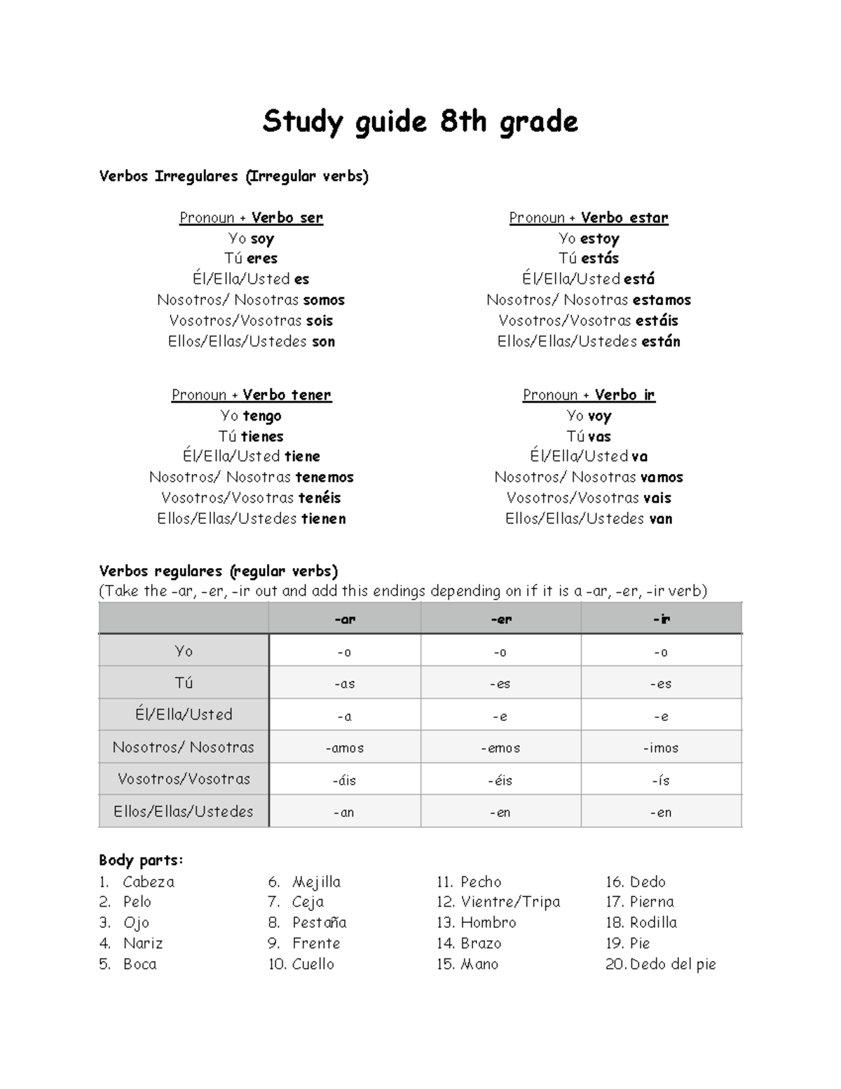 Study guide Feb 8th pdf - Verbs and more - Study guide 8th grade Verbos Irregulares (Irregular ...