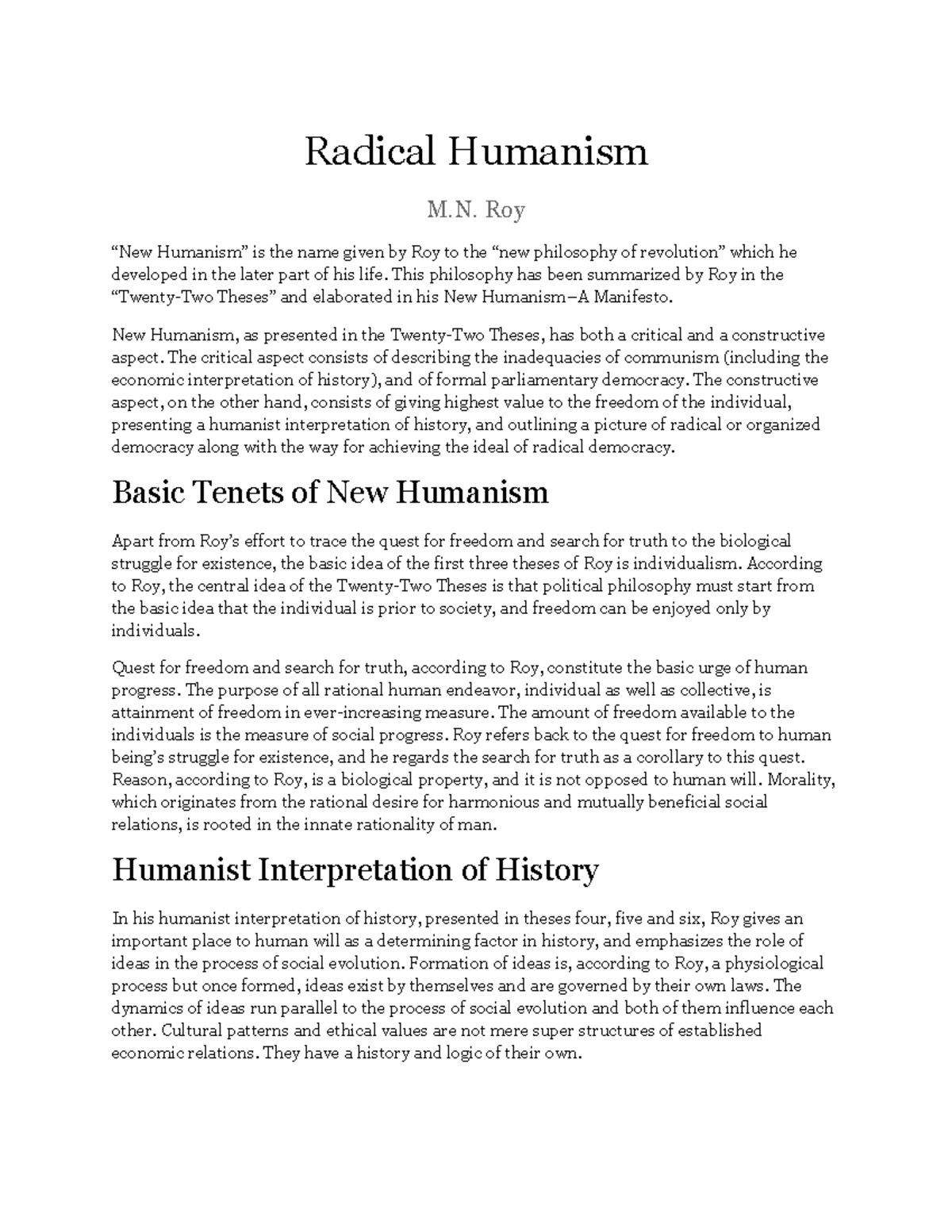 M.N. Roy New Humanism - Summary Philosophy Honours - Radical Humanism M ...