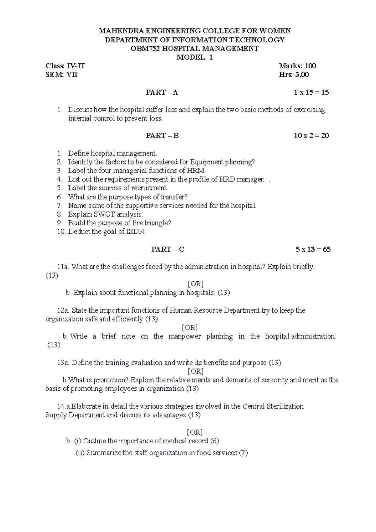 OBM752 Hospital Management Model QP - MAHENDRA ENGINEERING COLLEGE FOR ...