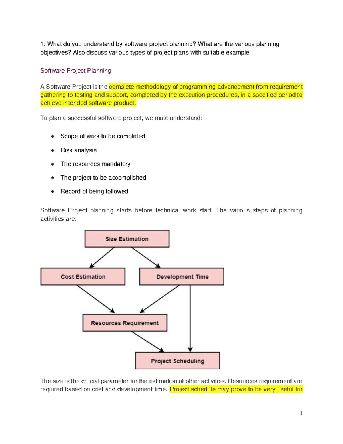 Notes 2 - 1. What do you understand by software project planning? What ...